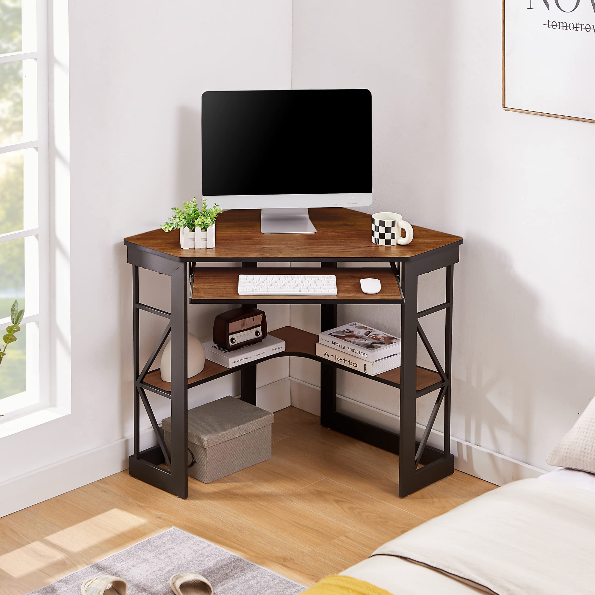 VECELO Corner Computer Desk 41 x 30 inches with Smooth Keyboard & Storage Shelves for Home Office Workstation, Teak