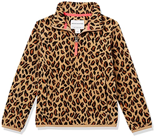 Amazon Essentials Girls' Quarter-Zip Polar Fleece Jacket, Camel Cheetah Print, Medium