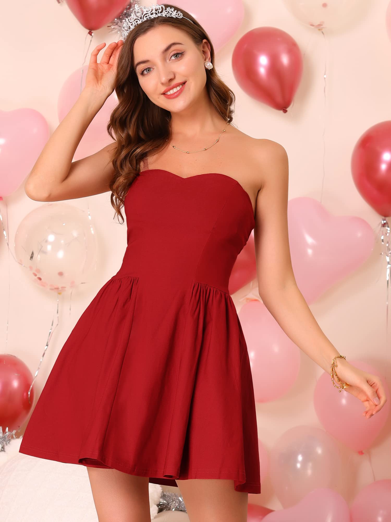 Allegra K Women's Sexy Strapless Party Dress Sweetheart Neck Off Shoulder Sleeveless Mini Dress Medium Red