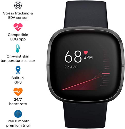 Fitbit Sense Health & Fitness Smartwatch W/ GPS, Bluetooth Call/Text, Heart Rate SpO2, ECG, Skin Temperature & Stress Sensing (S & L Bands, 90 Day Premium Included) International Version (Graphite)