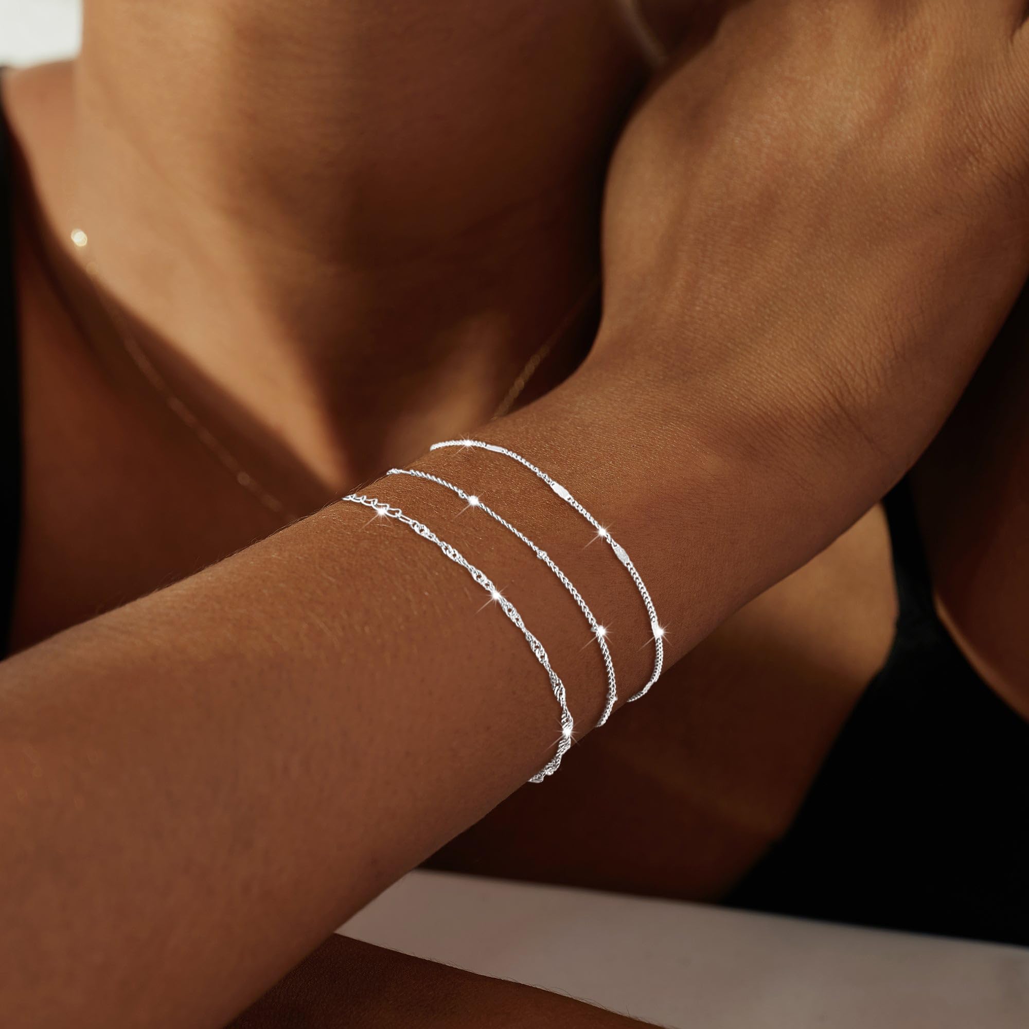 Picuzzy Silver Bracelet for Women, 14k Gold/Sterling Silver Bracelets for Women Dainty Stackable Bracelets for Women Trendy Waterproof Womens Figaro Rope Stack Bracelet Set Box Paperclip Chain