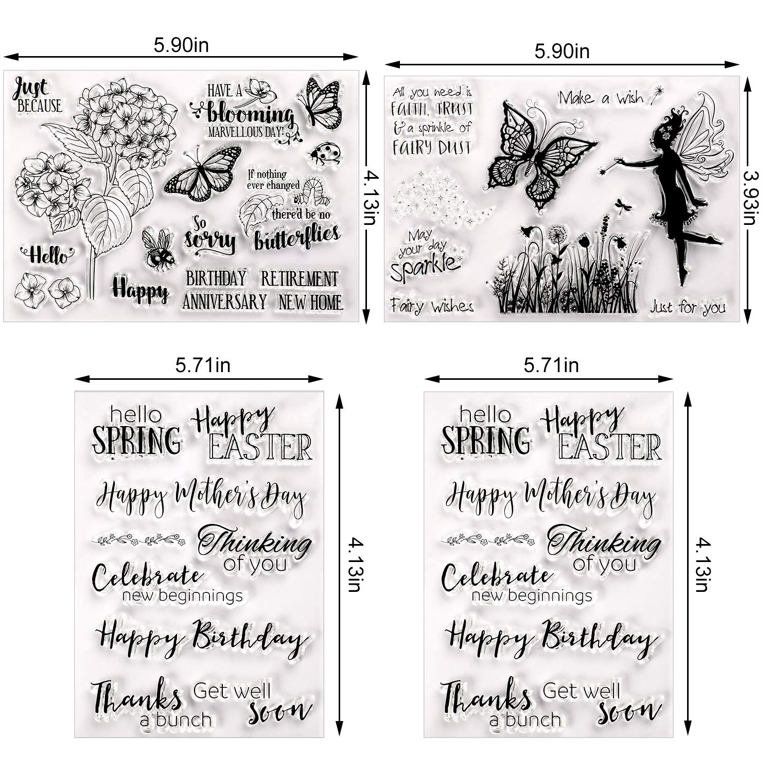 Outus 4 Pieces Clear Stamps Summer Silicone Stamp Cards with Flower, Butterfly, Dragonfly, Greeting Words Pattern for Card Making Decoration and DIY Scrapbooking Embossing Album Decor Craft