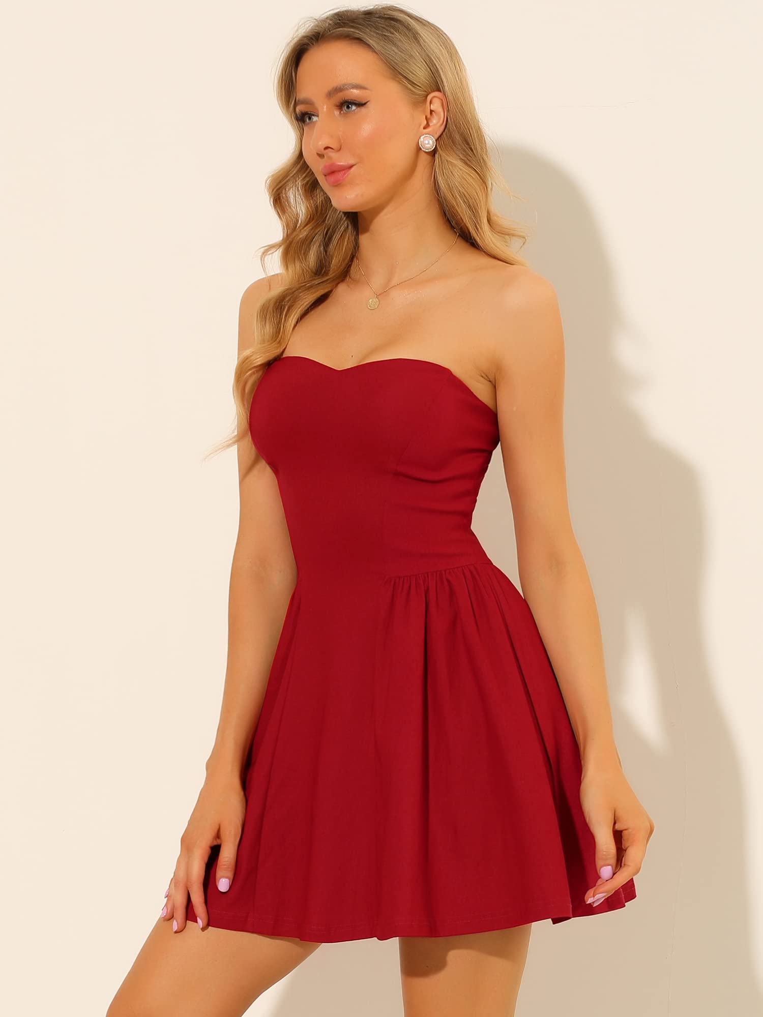 Allegra K Women's Sexy Strapless Party Dress Sweetheart Neck Off Shoulder Sleeveless Mini Dress Medium Red