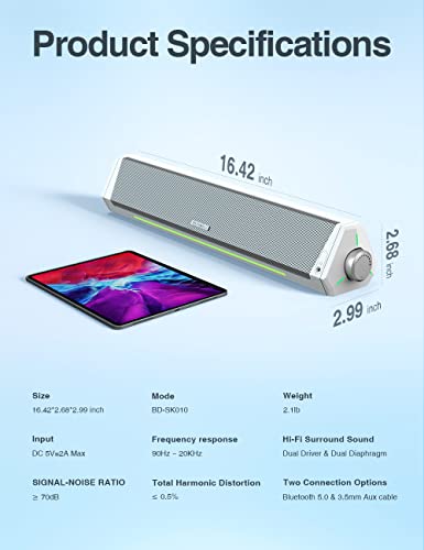 Computer Speakers, Bluetooth Computer Soundbar, HiFi Stereo, 3.5mm Aux-in Connection, USB Powered Computer Speakers for Desktop Monitor, PC, Laptop, Tablets