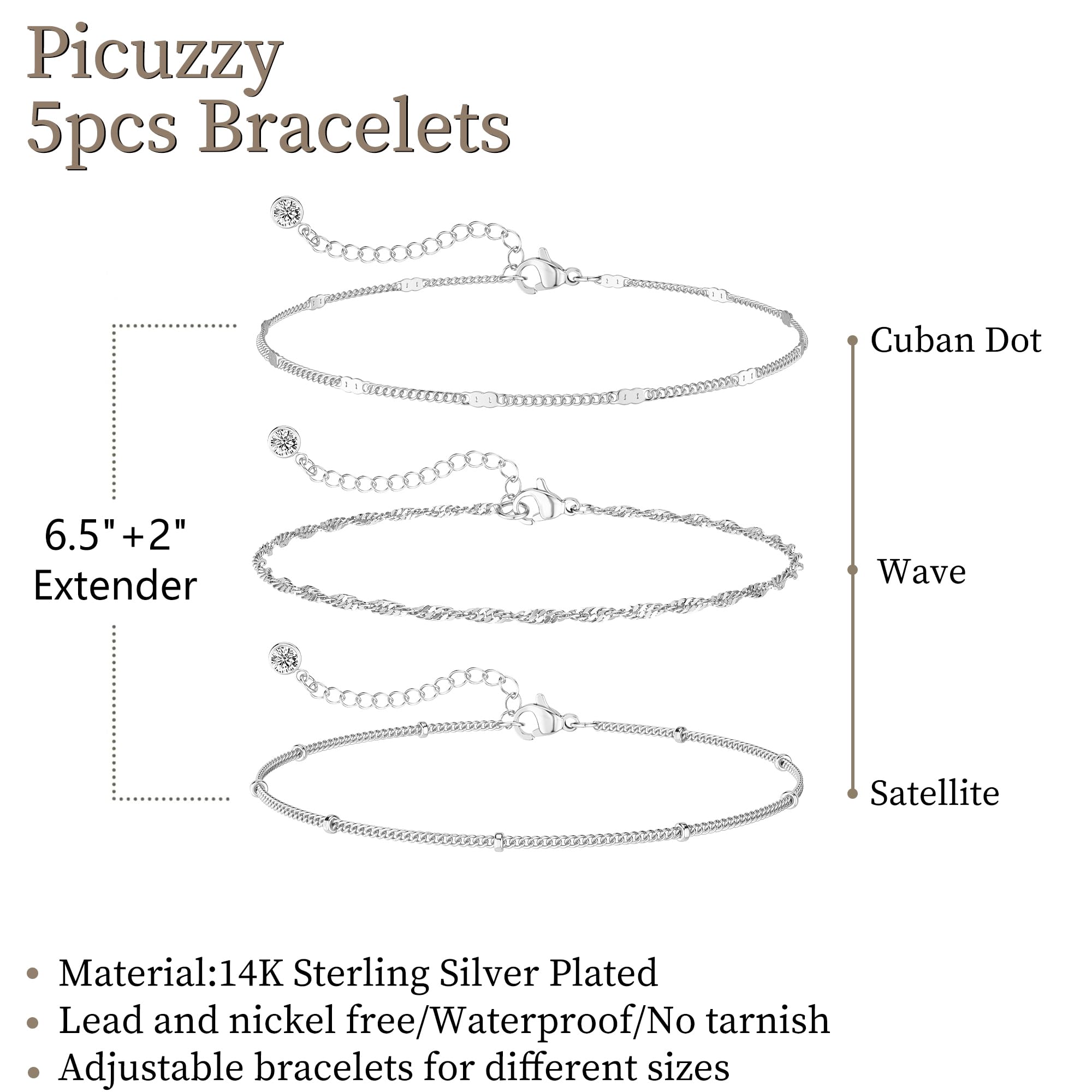 Picuzzy Silver Bracelet for Women, 14k Gold/Sterling Silver Bracelets for Women Dainty Stackable Bracelets for Women Trendy Waterproof Womens Figaro Rope Stack Bracelet Set Box Paperclip Chain