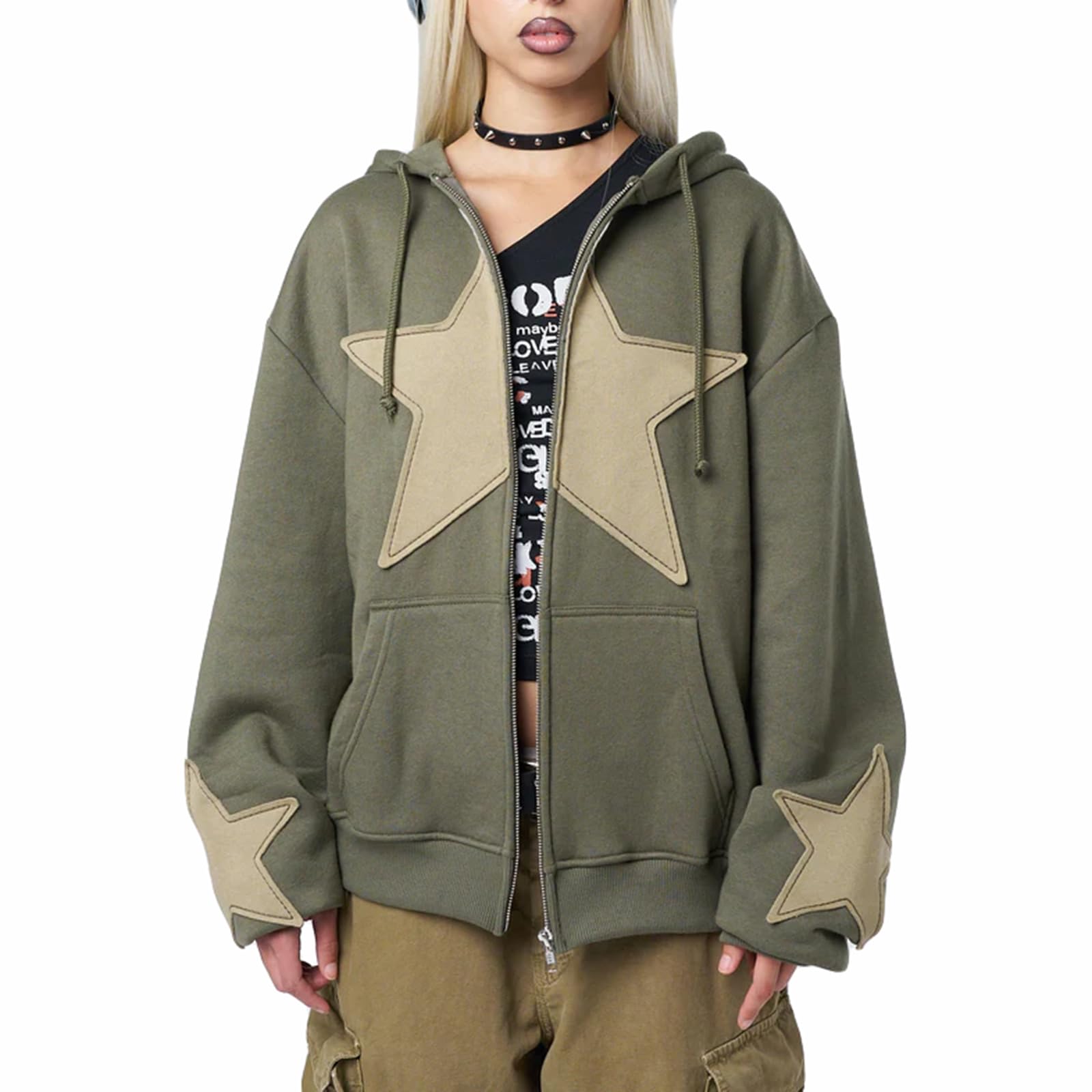 Karwuiio Women Y2k Zip Up Hoodies Star Graphic Long Sleeve Jackets Hip Hop Harajuku Oversized Hooded Sweatshirt(Gray Green,L)