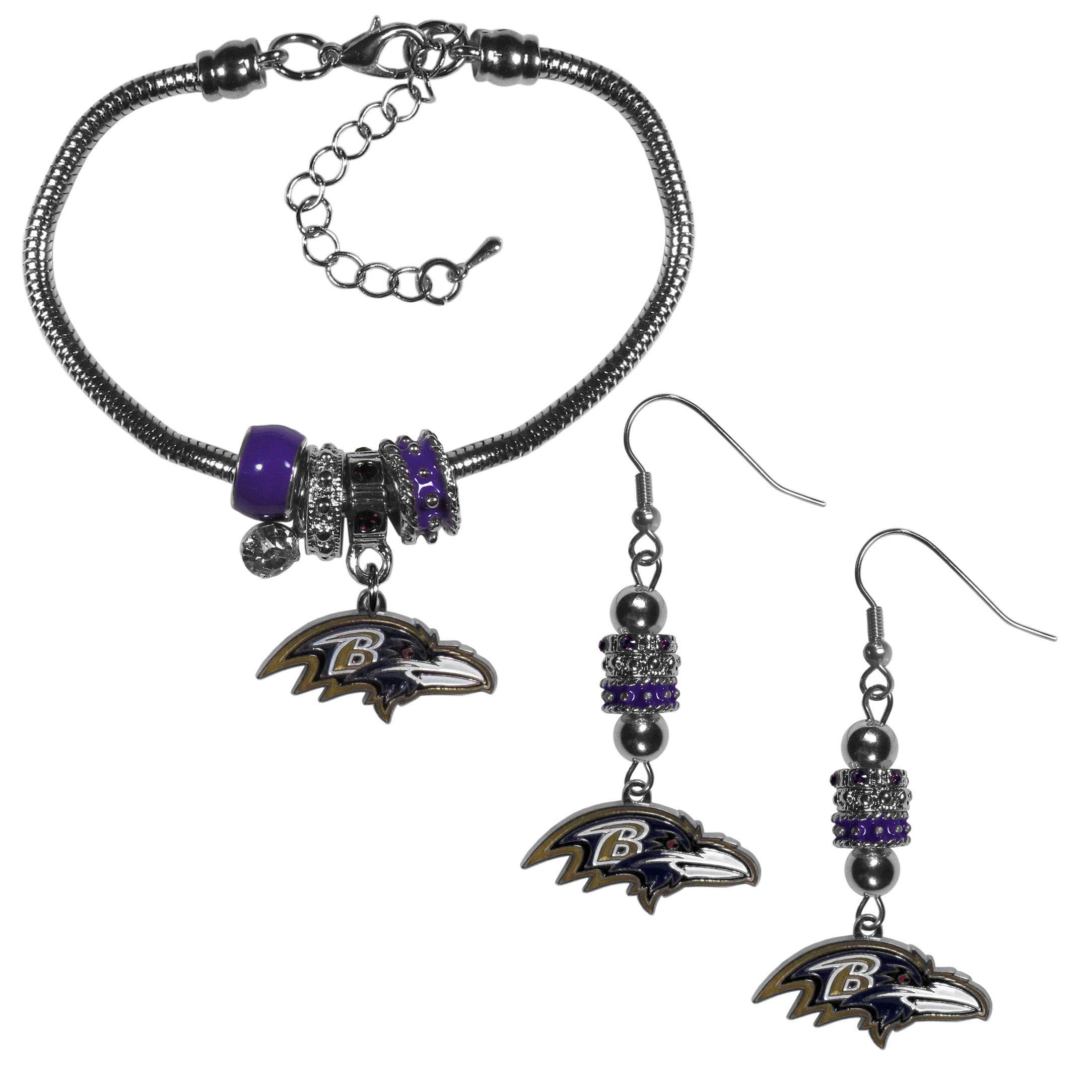 NFL Siskiyou Sports Womens Baltimore Ravens Euro Bead Earrings and Bracelet Set One Size Team Color