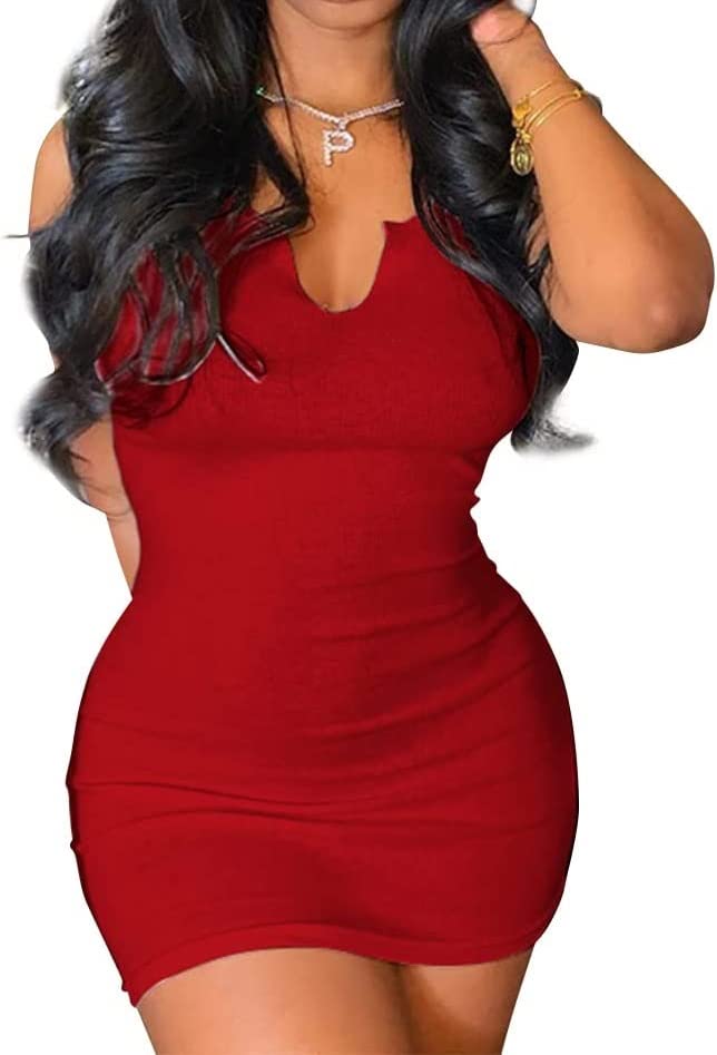 Women Sexy Bodycon Basic Tank Dress Ribbed Knitted Party Club Short Mini Dress Red XXL