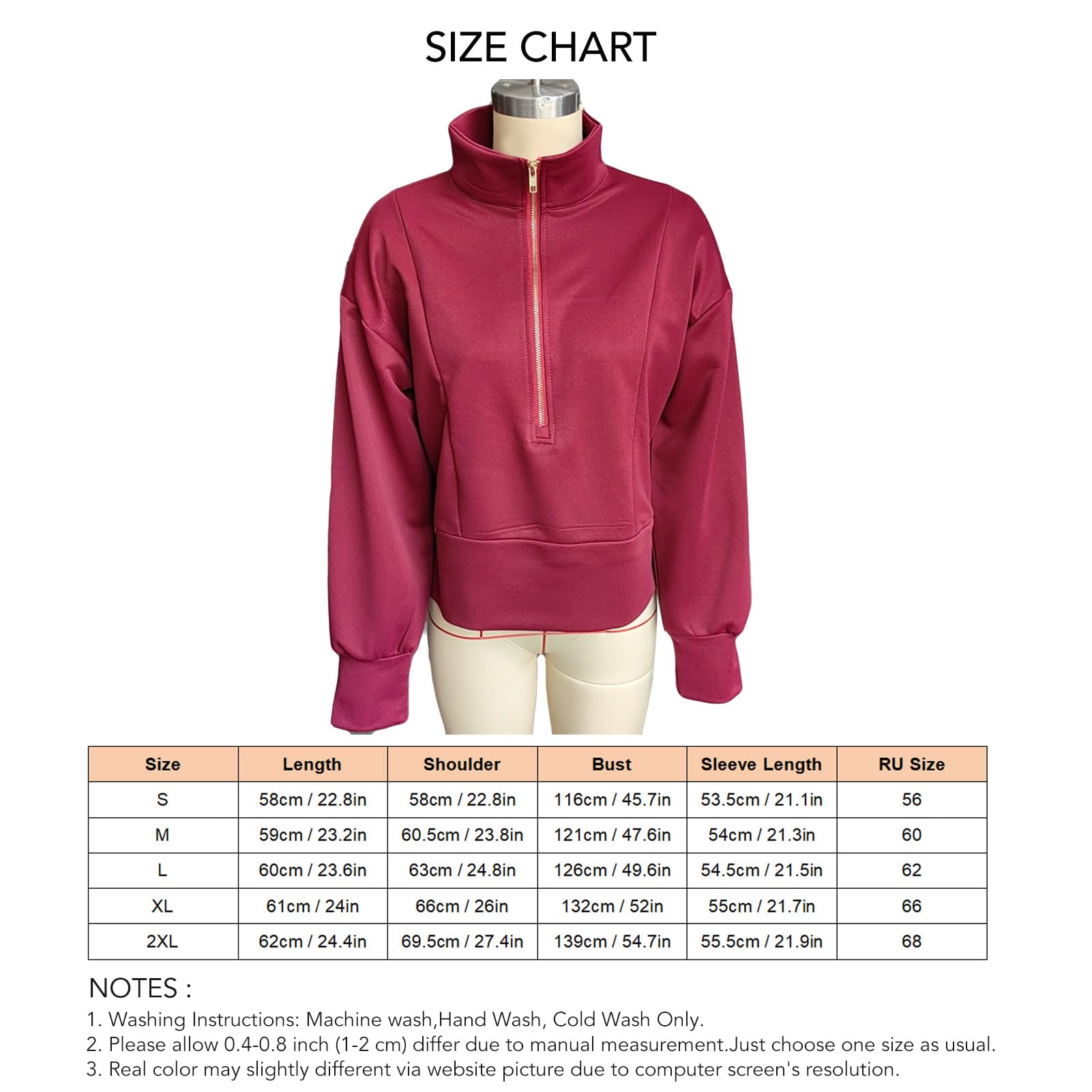 ANGGREK Women's Half Zip Sweatshirts Long Sleeve Cropped Pullover Hoodies Casual Y2K Winter Clothes,Wine Red,Large