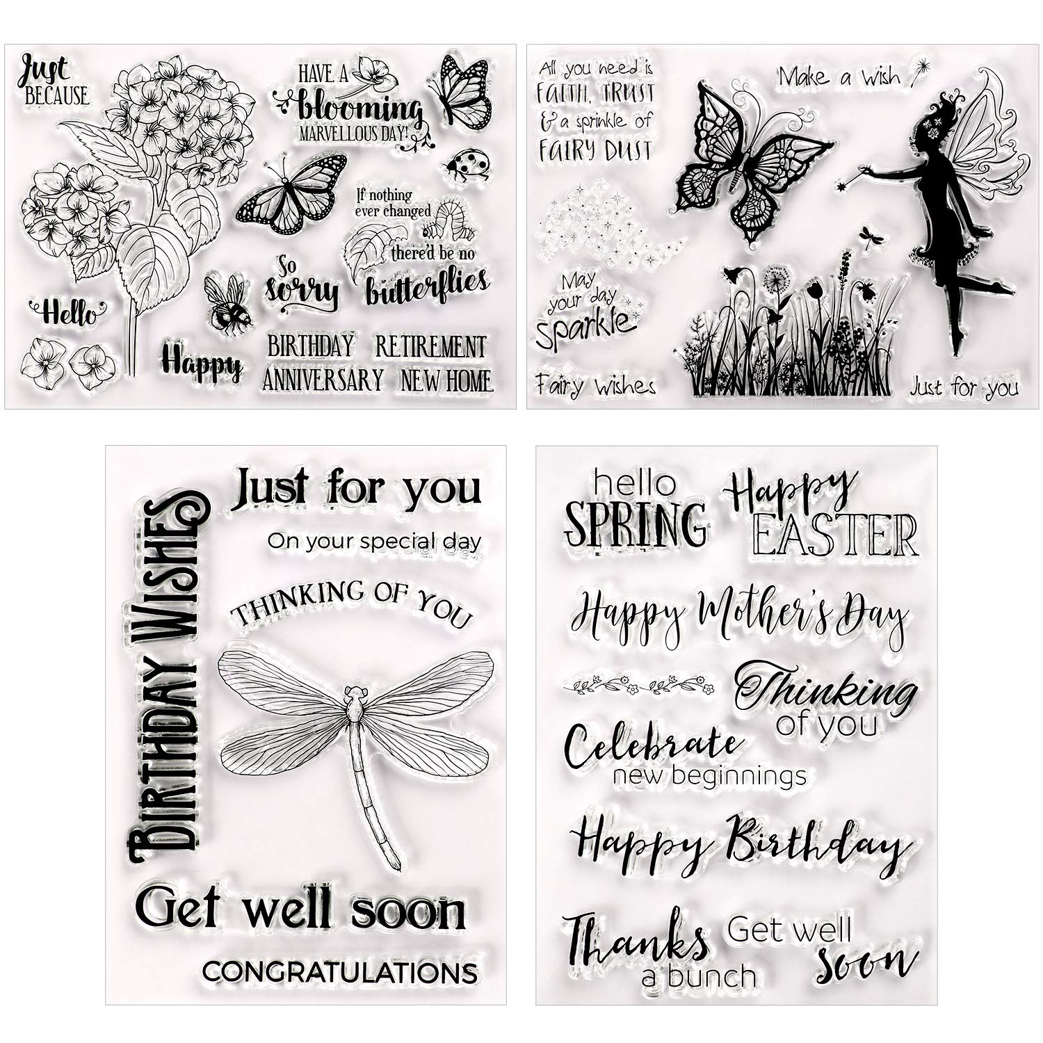 Outus 4 Pieces Clear Stamps Summer Silicone Stamp Cards with Flower, Butterfly, Dragonfly, Greeting Words Pattern for Card Making Decoration and DIY Scrapbooking Embossing Album Decor Craft