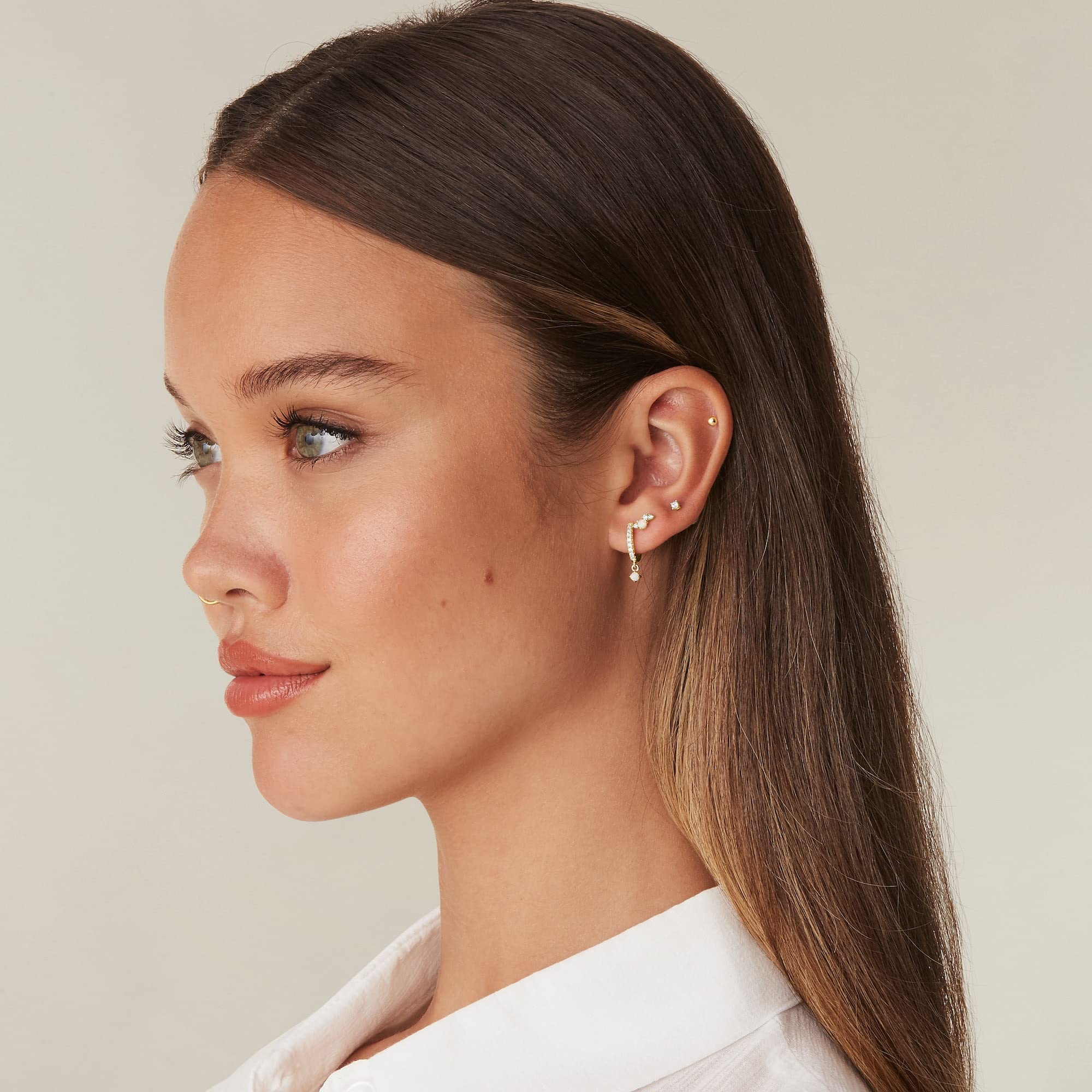 PAVOI 14K Gold Plated 925 Sterling Silver Post Huggie With Dangle | Small Gold Hinged Hoop Earrings For Women | Trendy Hoop CZ Huggie Earrings (Opal, Yellow)