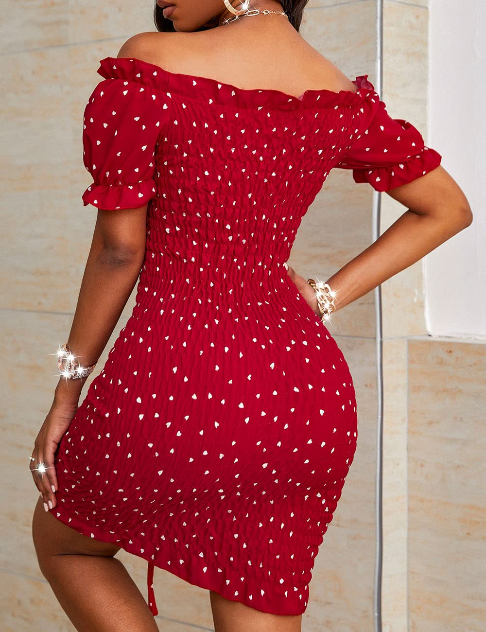 PRETTYGARDEN Women's Summer Off Shoulder Bodycon Dresses Short Sleeve Drawstring Sexy Mini Party Club Smocked Dress (Red,Large)