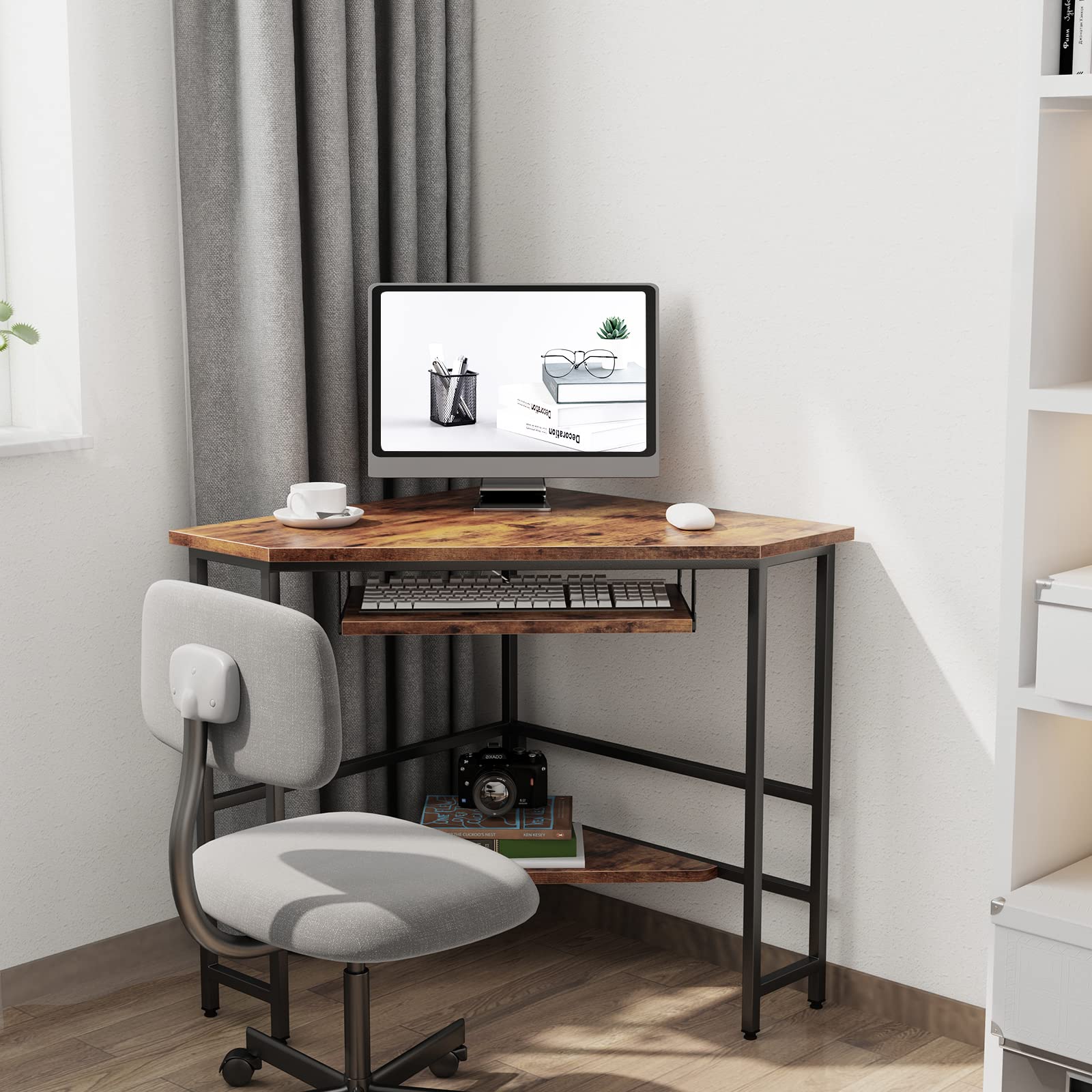 sogesfurniture Small Corner Desk Triangle Computer Desk with Smooth Keyboard Tray and Storage Shelves for Small Spaces Vintage Corner Table for Workstation, Living Room, Bedroom, Home Office