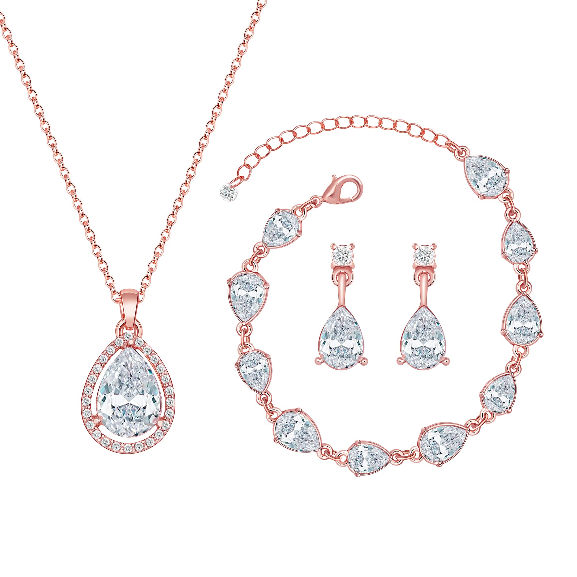 SPRJF Bridesmaid Jewelry Set for Women Pendant 18K Gold & Silver & Rose Gold Pendant Necklace Earrings Bracelet Set,Dainty Gift for Wedding/Proposal/Party/Prom/Anniversary