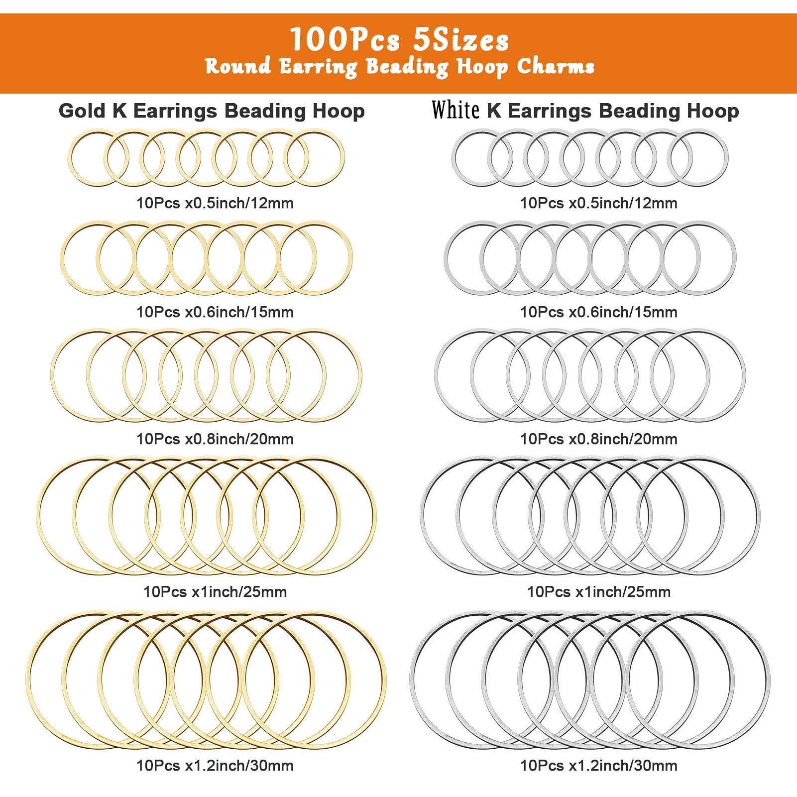 100Pcs Round Earring Beading Hoop Rings,5Sizes Earring Finding Open Bezels Linking Rings Beading Hoop Earrings Pendant for DIY Craft Jewelry Making,Earring Necklace,Crafts Supplies
