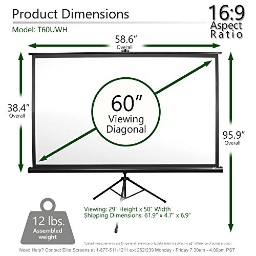 Elite Screens Tripod Series, 60-INCH 16:9, Indoor Outdoor Projector Screen, 8K / 4K Ultra HD 3D Ready, US Based Company 2-YEAR WARRANTY, T60UWH, black - US Based Company 2-YEAR WARRANTY