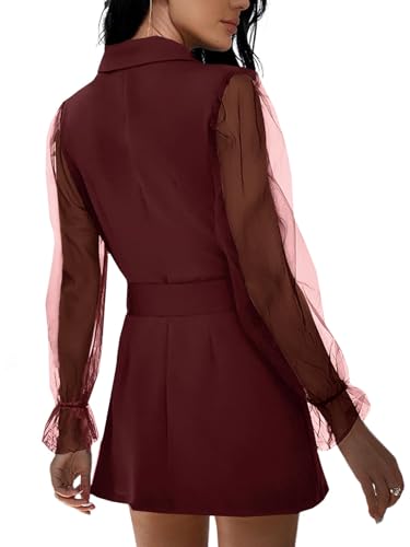 LYANER Women's Elegant Collar V Neck Lace Long Sleeve Blazer Mini Dress with Belt Burgundy Medium