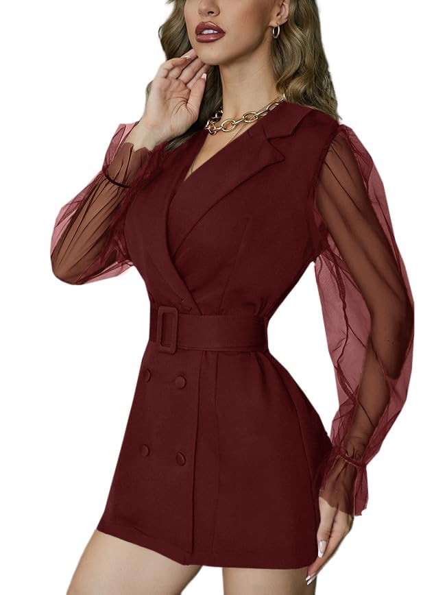 LYANER Women's Elegant Collar V Neck Lace Long Sleeve Blazer Mini Dress with Belt Burgundy Medium
