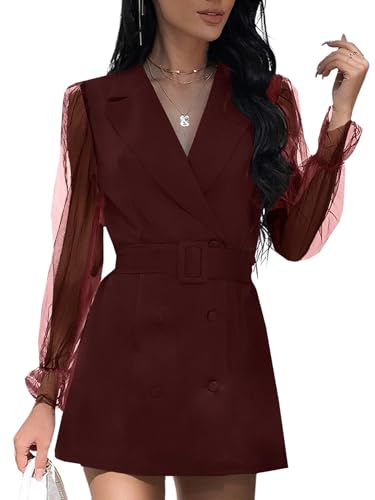 LYANER Women's Elegant Collar V Neck Lace Long Sleeve Blazer Mini Dress with Belt Burgundy Medium