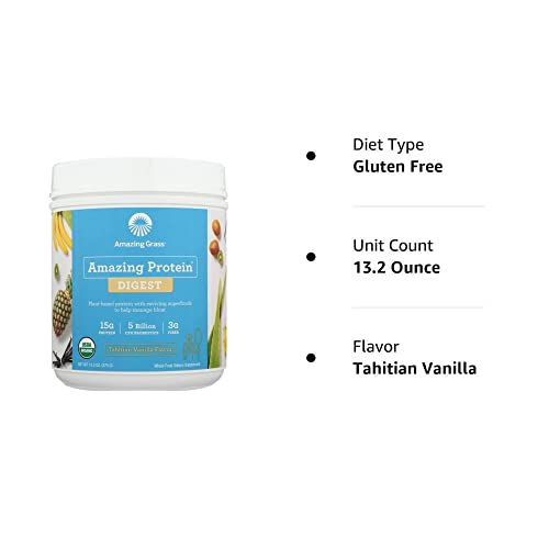 Amazing Grass DIGEST Vegan Protein Powder, Plant Based with Probiotics + Fiber to Manage Bloat, Tahitian Vanilla, 15 Servings