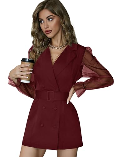 LYANER Women's Elegant Collar V Neck Lace Long Sleeve Blazer Mini Dress with Belt Burgundy Medium
