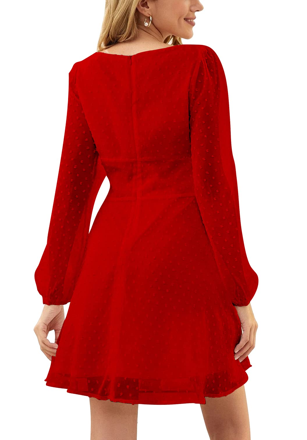 LYANER Women's Polka Dots Square Neck A line Long Sleeve Swiss Dots Mini Dress Red Small