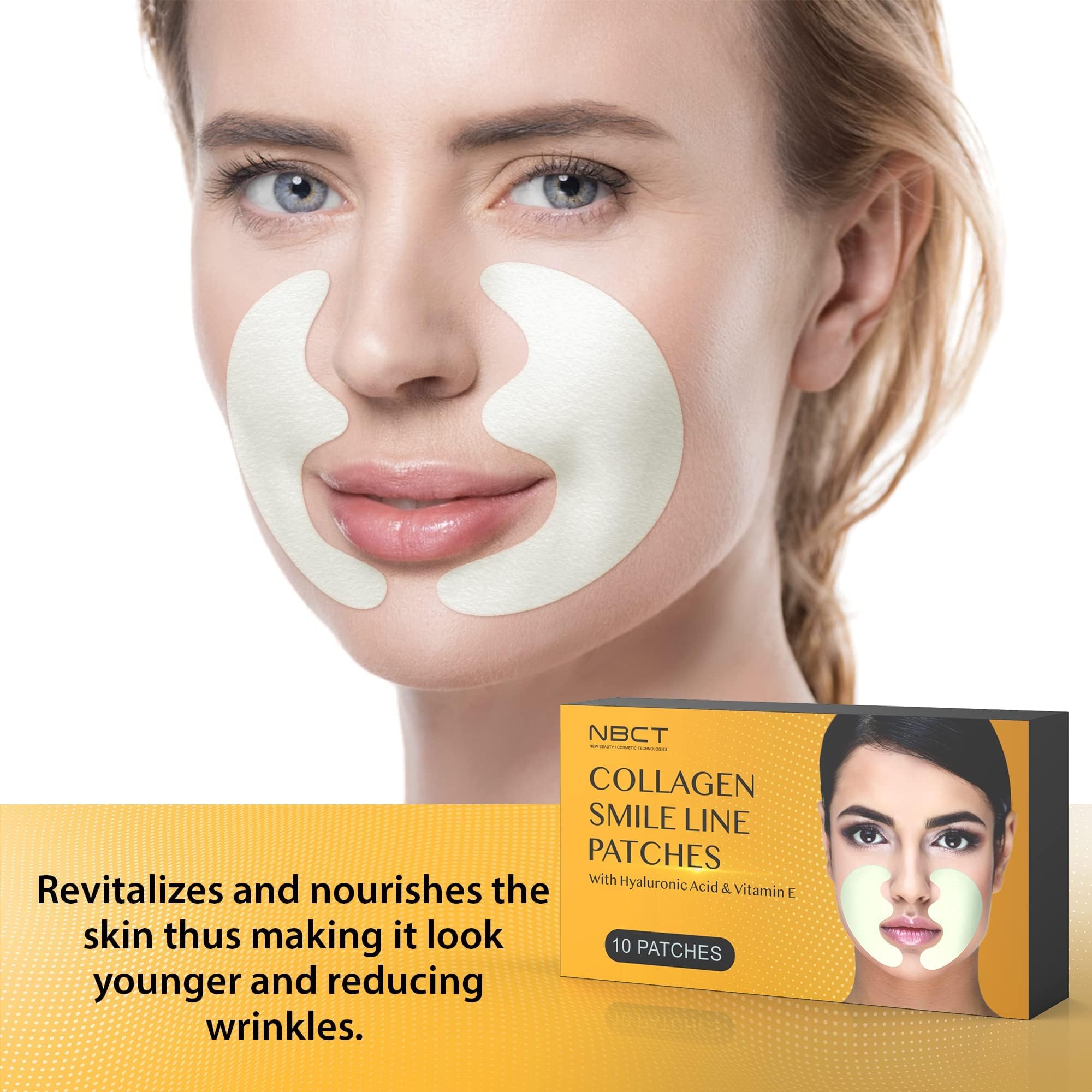 NBCT Collagen Smile Line Wrinkle Patches with Hyaluronic Acid, Aloe Vera, Vitamin E, Skin Safe & Botox Alternative