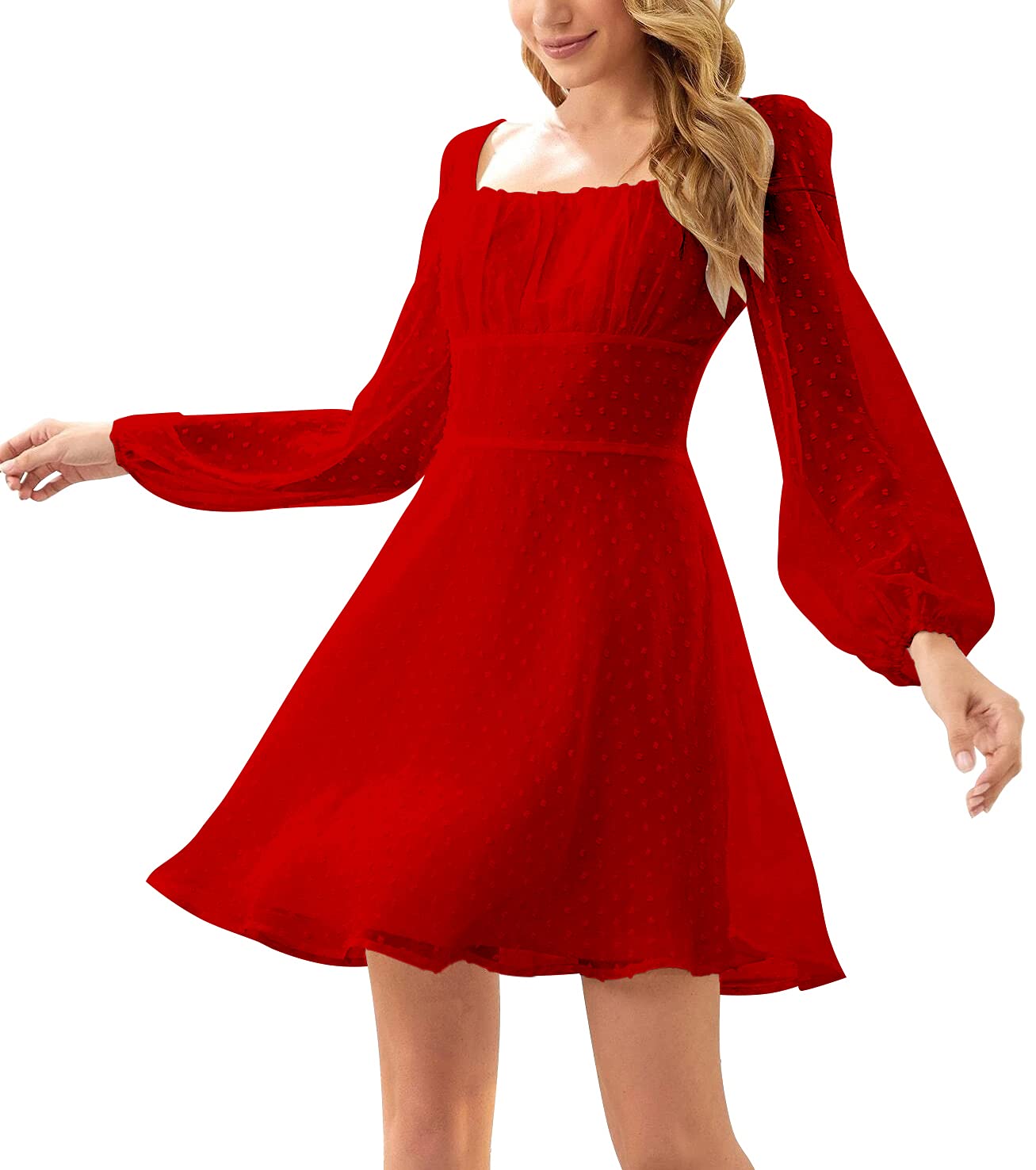 LYANER Women's Polka Dots Square Neck A line Long Sleeve Swiss Dots Mini Dress Red Small