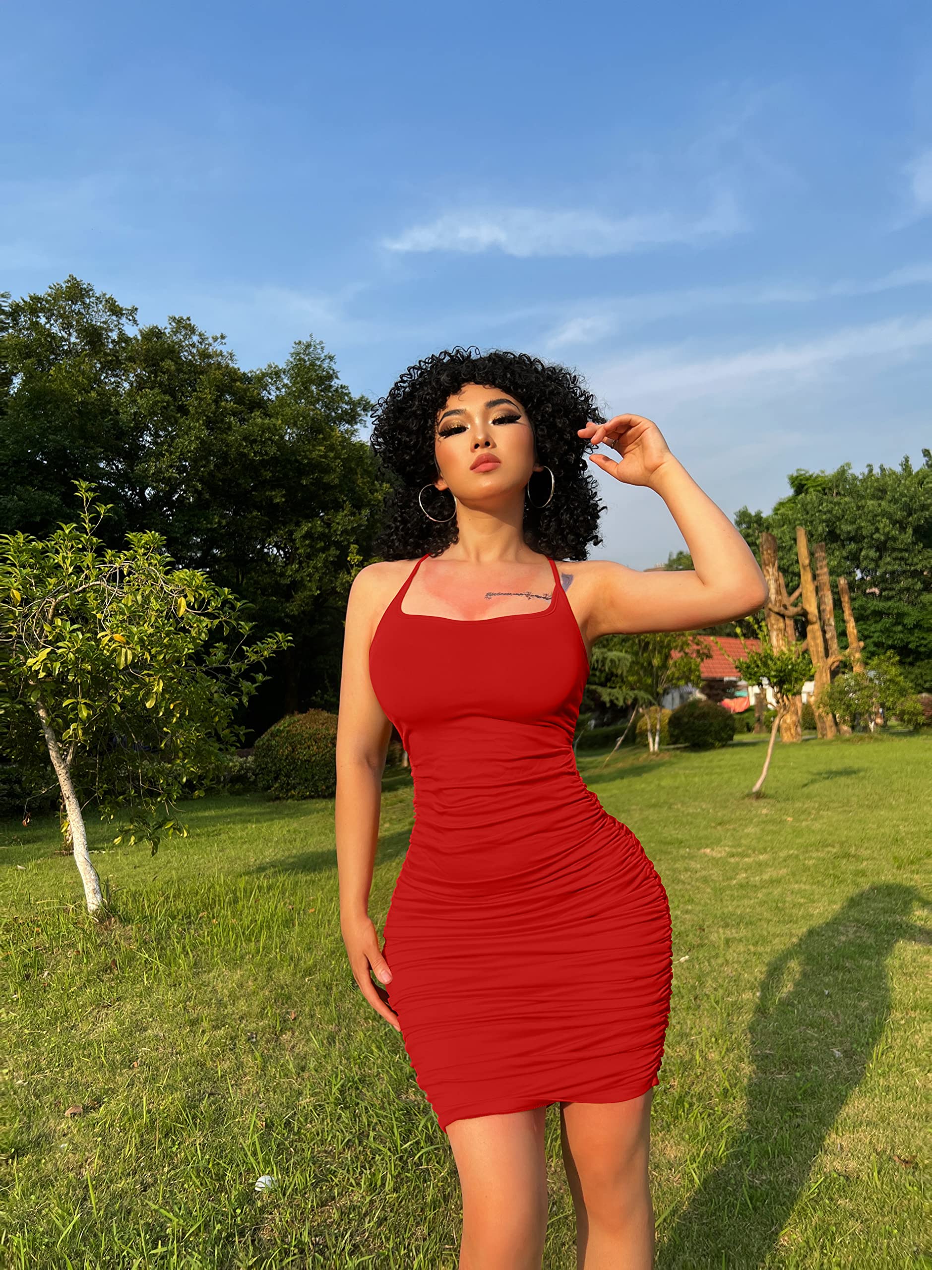 DAAWENXI Women's Sexy Backless Spaghetti Strap Sleeveless Ruched Bodycon Mini Club Dress Red