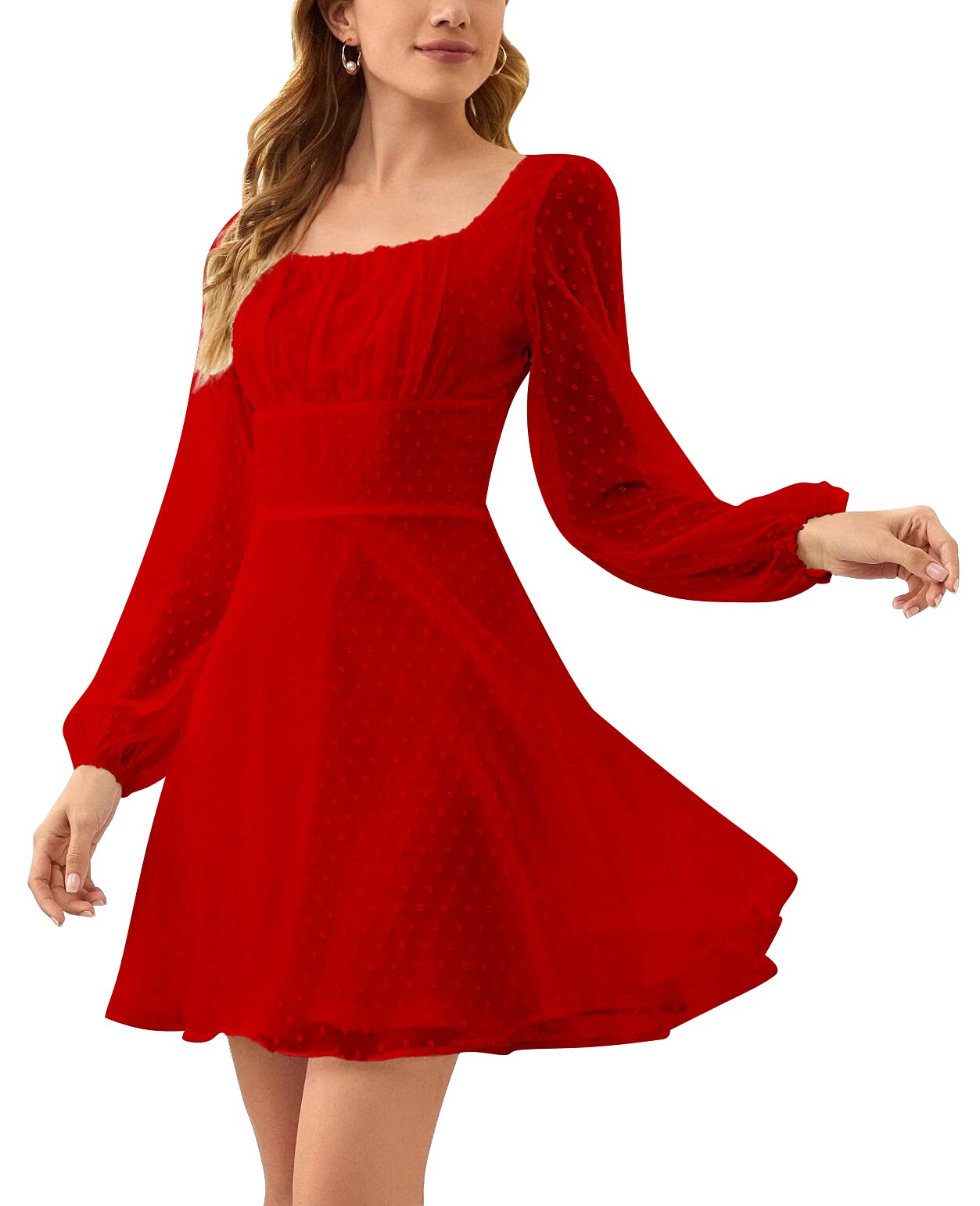 LYANER Women's Polka Dots Square Neck A line Long Sleeve Swiss Dots Mini Dress Red Small