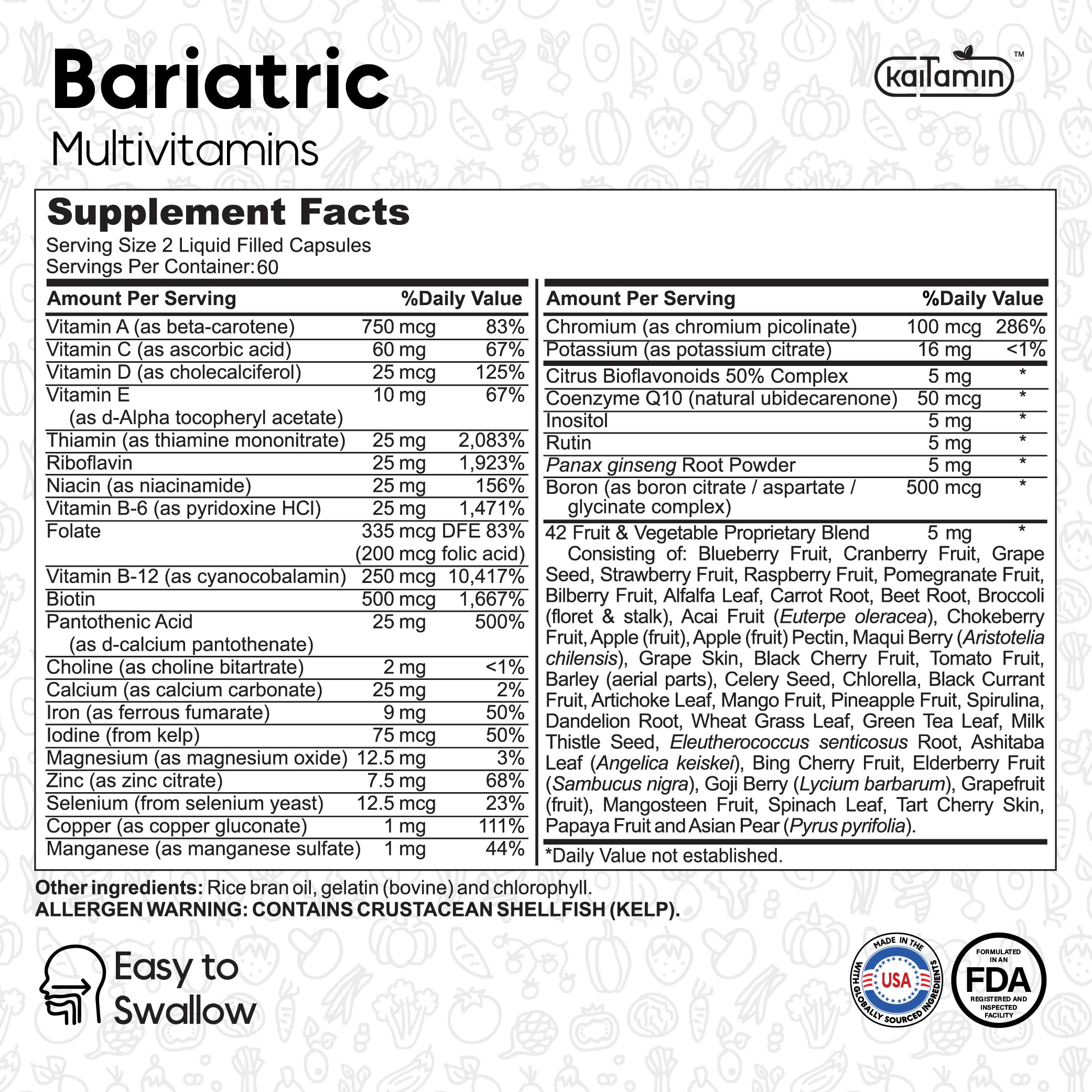 Kaitamin Bariatric Multivitamin with Iron for Post-Bariatric Surgery - Easy-to-Swallow Liquid Capsules with 42 Fruit & Veggie Blend - 120 Capsules, 2 Month Supply
