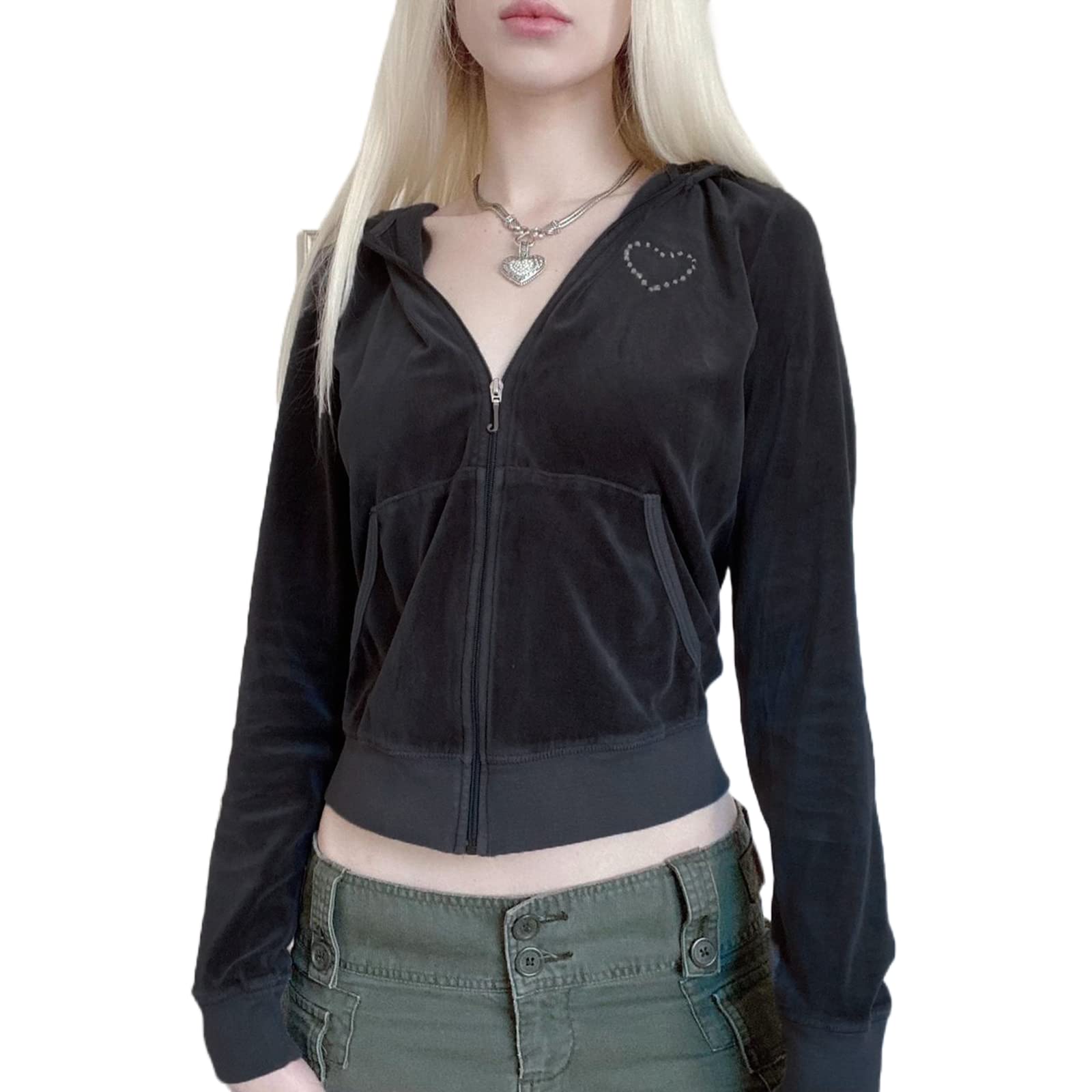Faretumiya Women Zip Up Long Sleeve Crop Hooded Tops Ribbed Knit Cropped Hoodie Jacket Y2k Cute Sweater Pullover(Heart Black,M)
