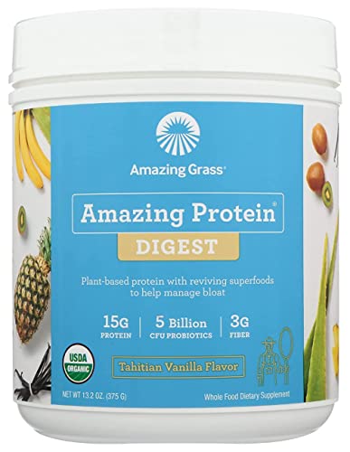 Amazing Grass DIGEST Vegan Protein Powder, Plant Based with Probiotics + Fiber to Manage Bloat, Tahitian Vanilla, 15 Servings