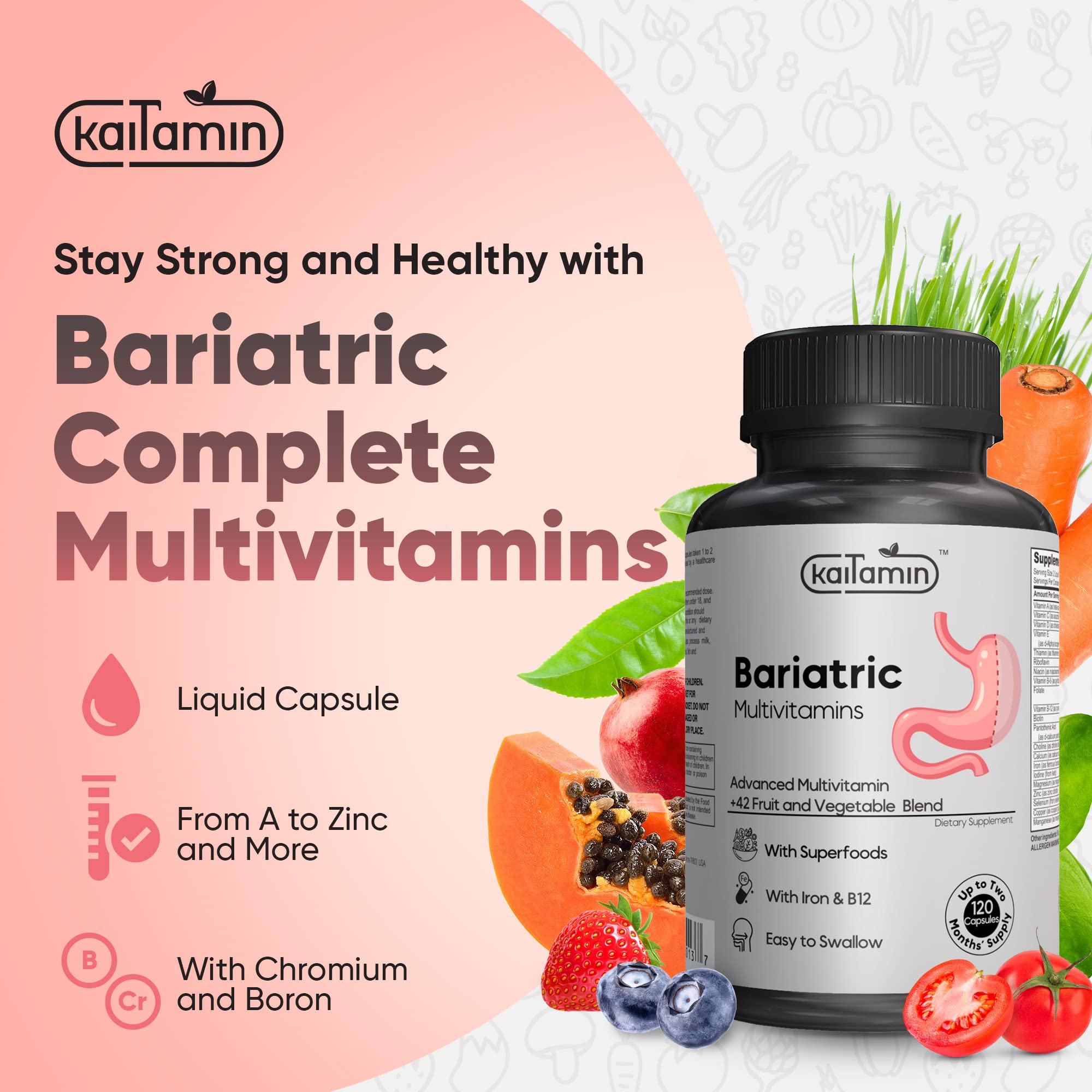 Kaitamin Bariatric Multivitamin with Iron for Post-Bariatric Surgery - Easy-to-Swallow Liquid Capsules with 42 Fruit & Veggie Blend - 120 Capsules, 2 Month Supply