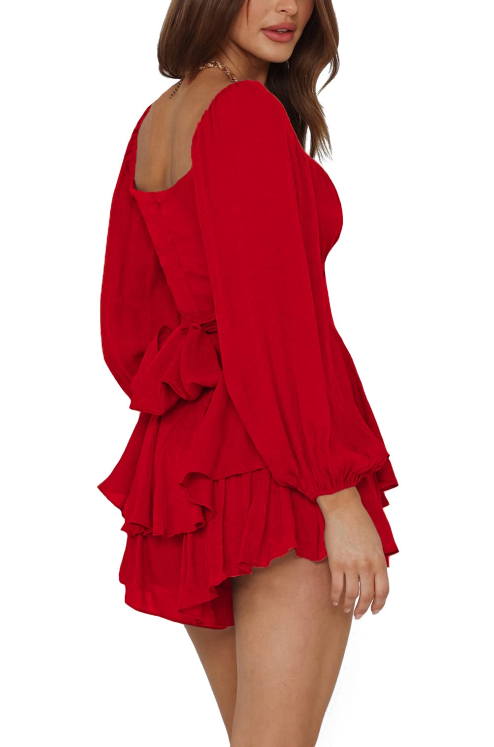 LYANER Women's Jumpsuit Lantern Long Sleeve Ruffle Layer Tie Mini Short Romper Red Medium