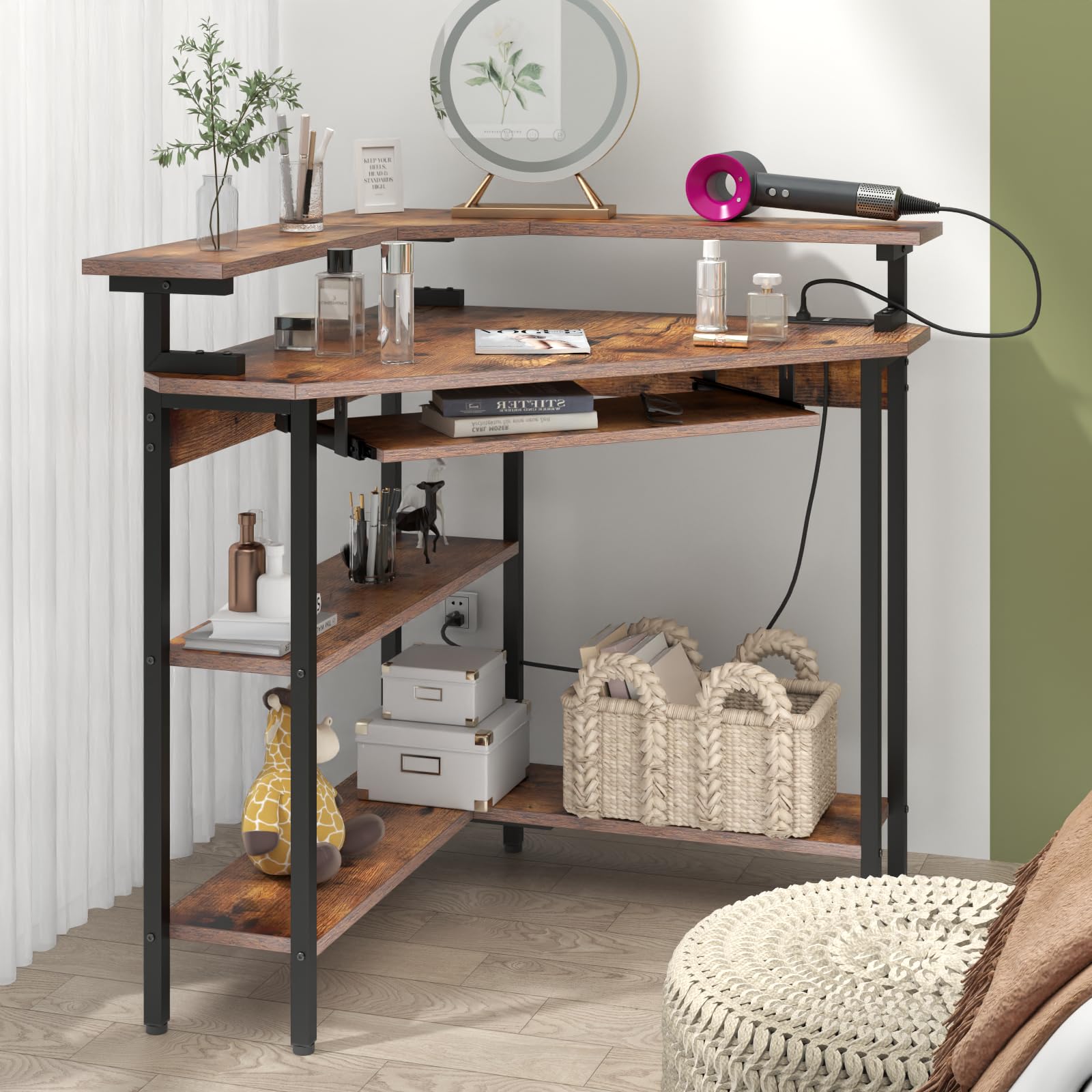Auromie Corner Desk with Charging Station & LED Light, Triangle Corner Desk with Monitor Stand & Keyboard Tray for Small Space, Gaming Computer Desk with Storage Shelves for Home Office (Rustic)
