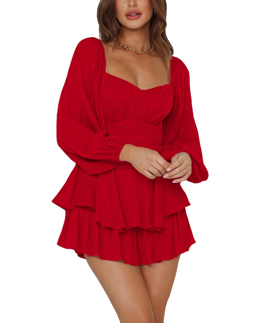 LYANER Women's Jumpsuit Lantern Long Sleeve Ruffle Layer Tie Mini Short Romper Red Medium