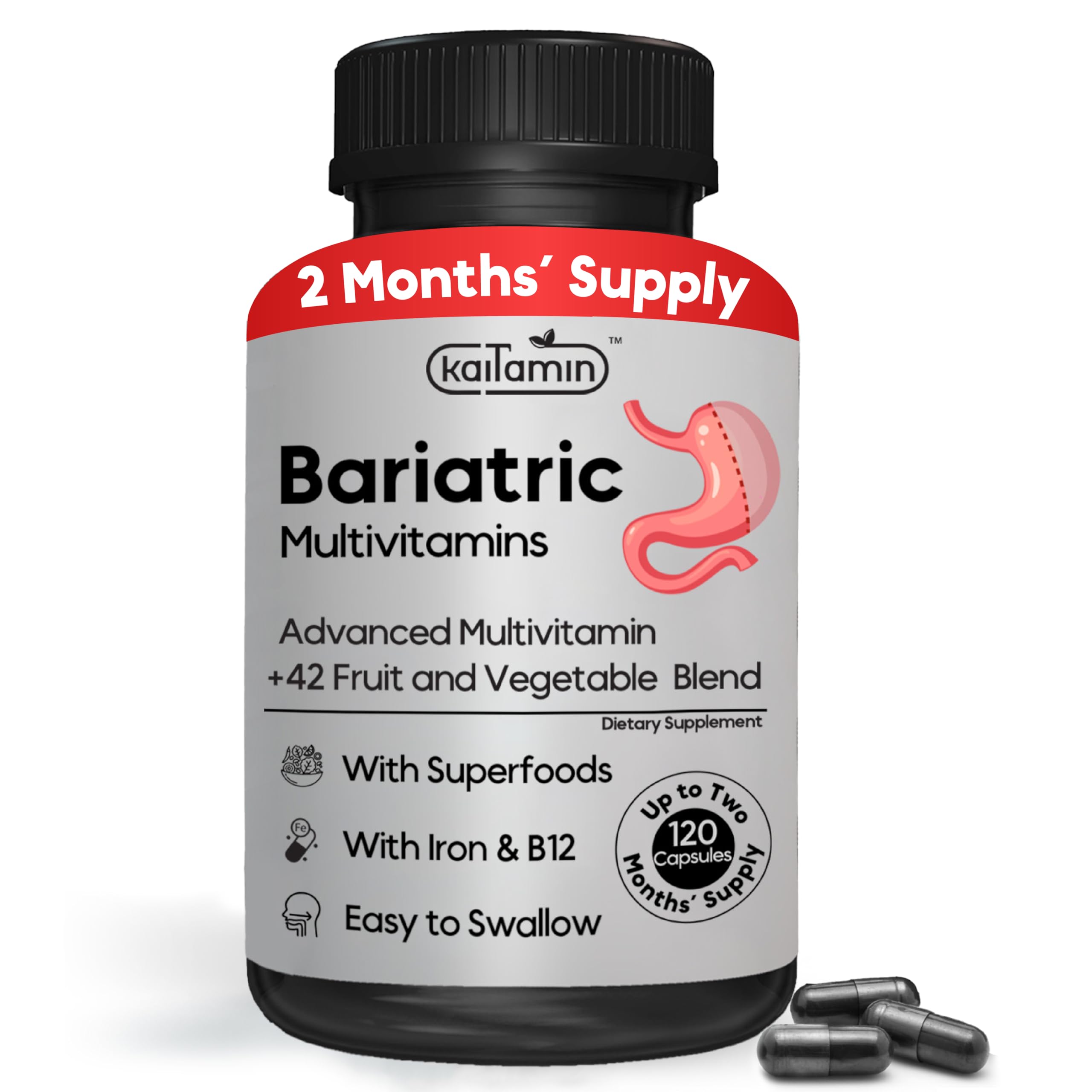 Kaitamin Bariatric Multivitamin with Iron for Post-Bariatric Surgery - Easy-to-Swallow Liquid Capsules with 42 Fruit & Veggie Blend - 120 Capsules, 2 Month Supply