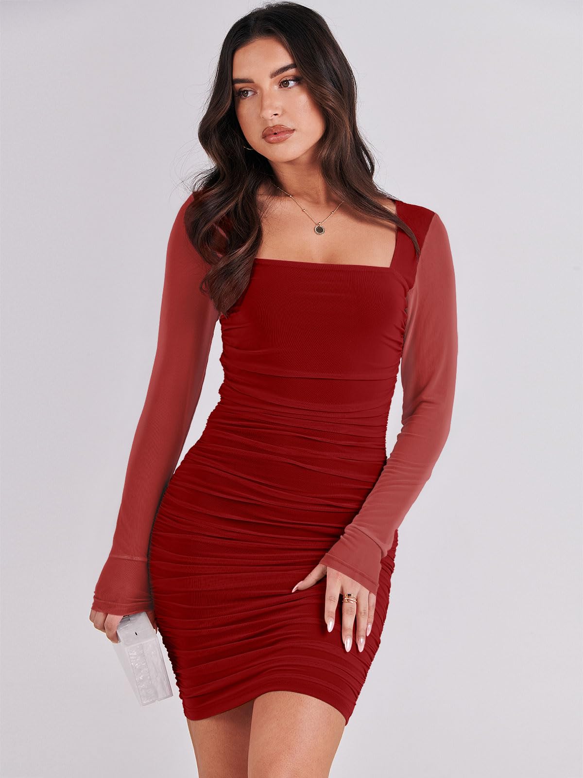ANRABESS Women's Square Neck Mesh Ruched Bodycon Mini Dress Puff Long Sleeve Sexy Cocktail Party Short Dresses 2024 Large Red
