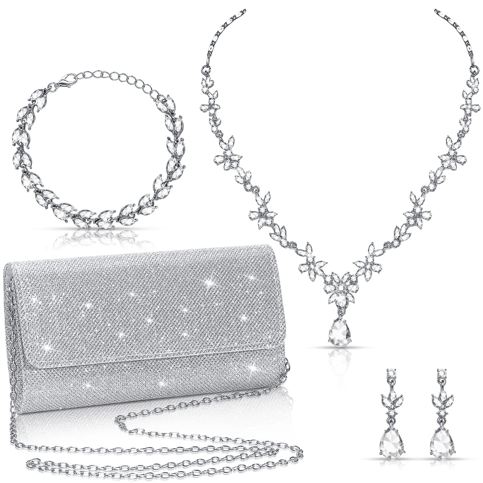 Tiamon 4 Pcs Women Rhinestone Jewelry Set Silver Accessories for Evening Wedding Party Christmas Gift(Noble Style)