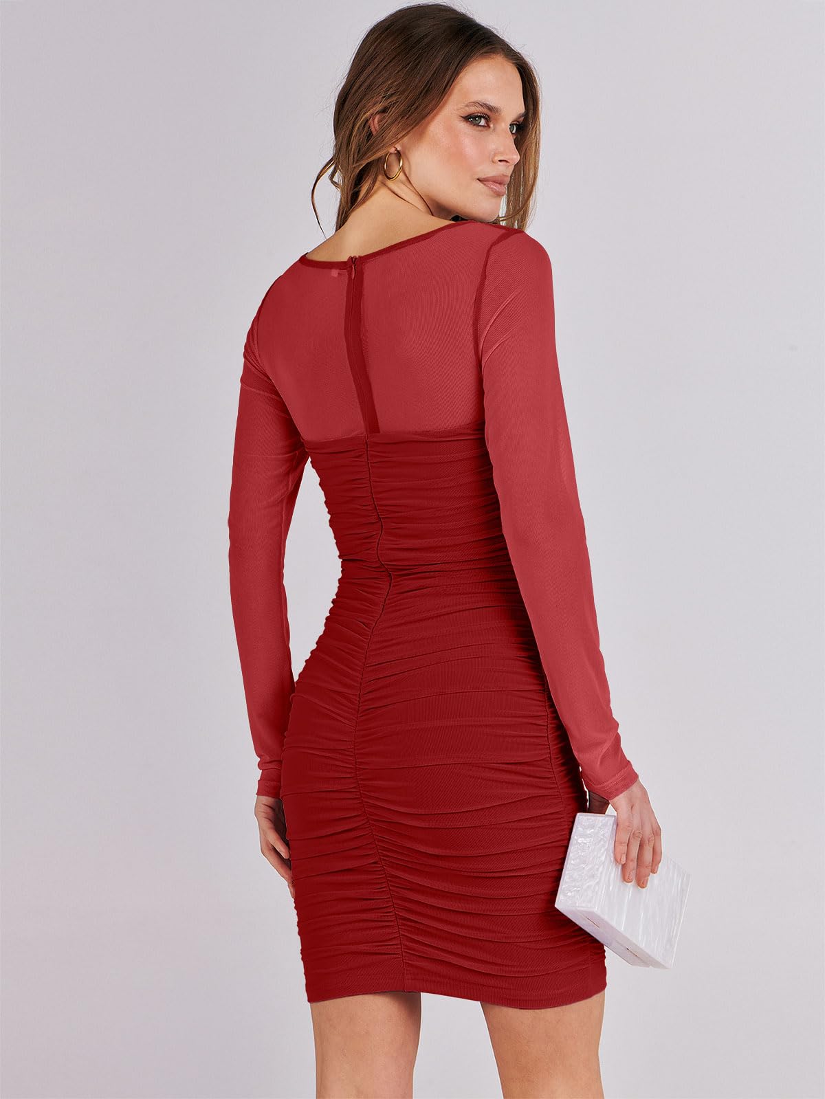 ANRABESS Women's Square Neck Mesh Ruched Bodycon Mini Dress Puff Long Sleeve Sexy Cocktail Party Short Dresses 2024 Large Red