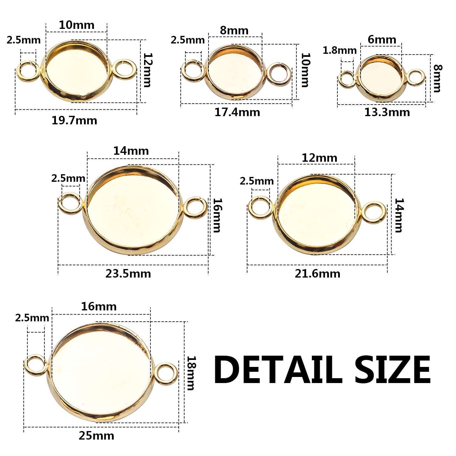 24pcs Gold Stainless Steel Cabochon Connectors Settings Round Blank Bezel Pendant Connector Trays Cabochon Pendant Bezel Blanks Links for DIY Jewelry Making,6 Sizes