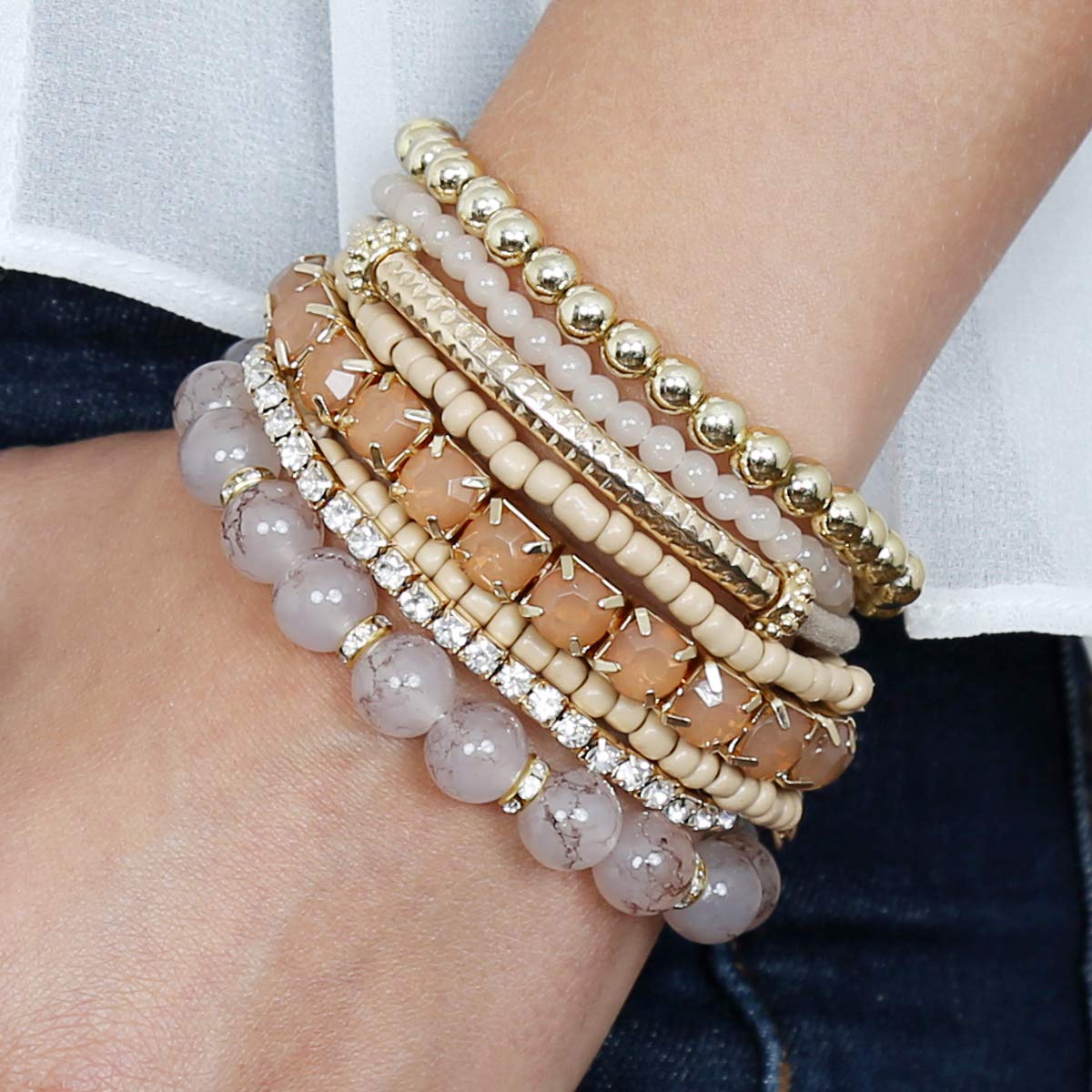RIAH FASHION Multi Color Stretch Beaded Stackable Bracelets - Layering Bead Strand Statement Wrap Bangles (Original - Light Brown, 7.0 Inches)