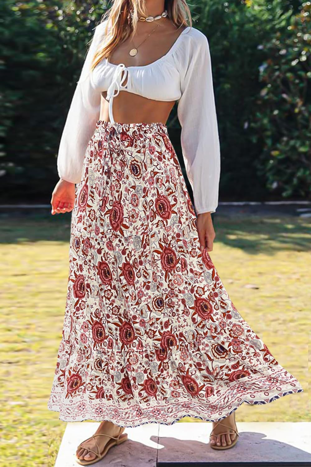 ZESICA Women's 2025 Summer Bohemian Floral Printed Elastic Waist A Line Maxi Skirt with Pockets,Floral White,Medium