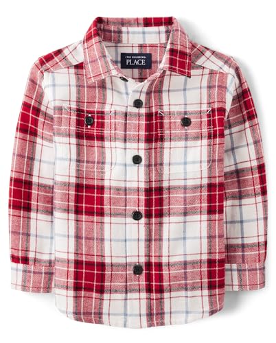The Children's Place Baby Boy's and Toddler Long Sleeve Flannel Button Up Shirt, Red Cane Plaid, 2T