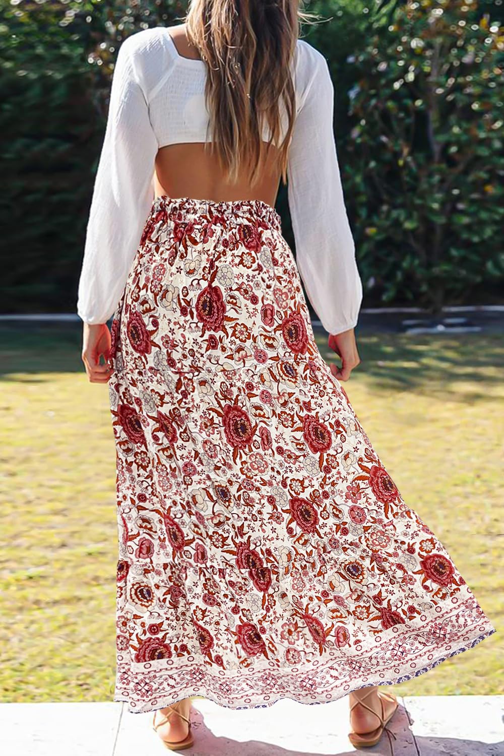ZESICA Women's 2025 Summer Bohemian Floral Printed Elastic Waist A Line Maxi Skirt with Pockets,Floral White,Medium