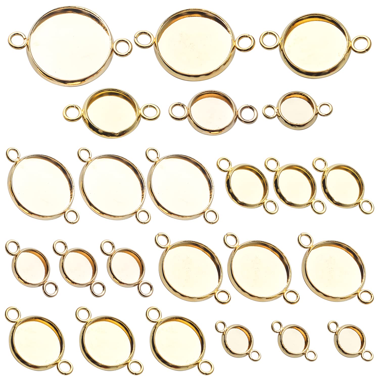 24pcs Gold Stainless Steel Cabochon Connectors Settings Round Blank Bezel Pendant Connector Trays Cabochon Pendant Bezel Blanks Links for DIY Jewelry Making,6 Sizes