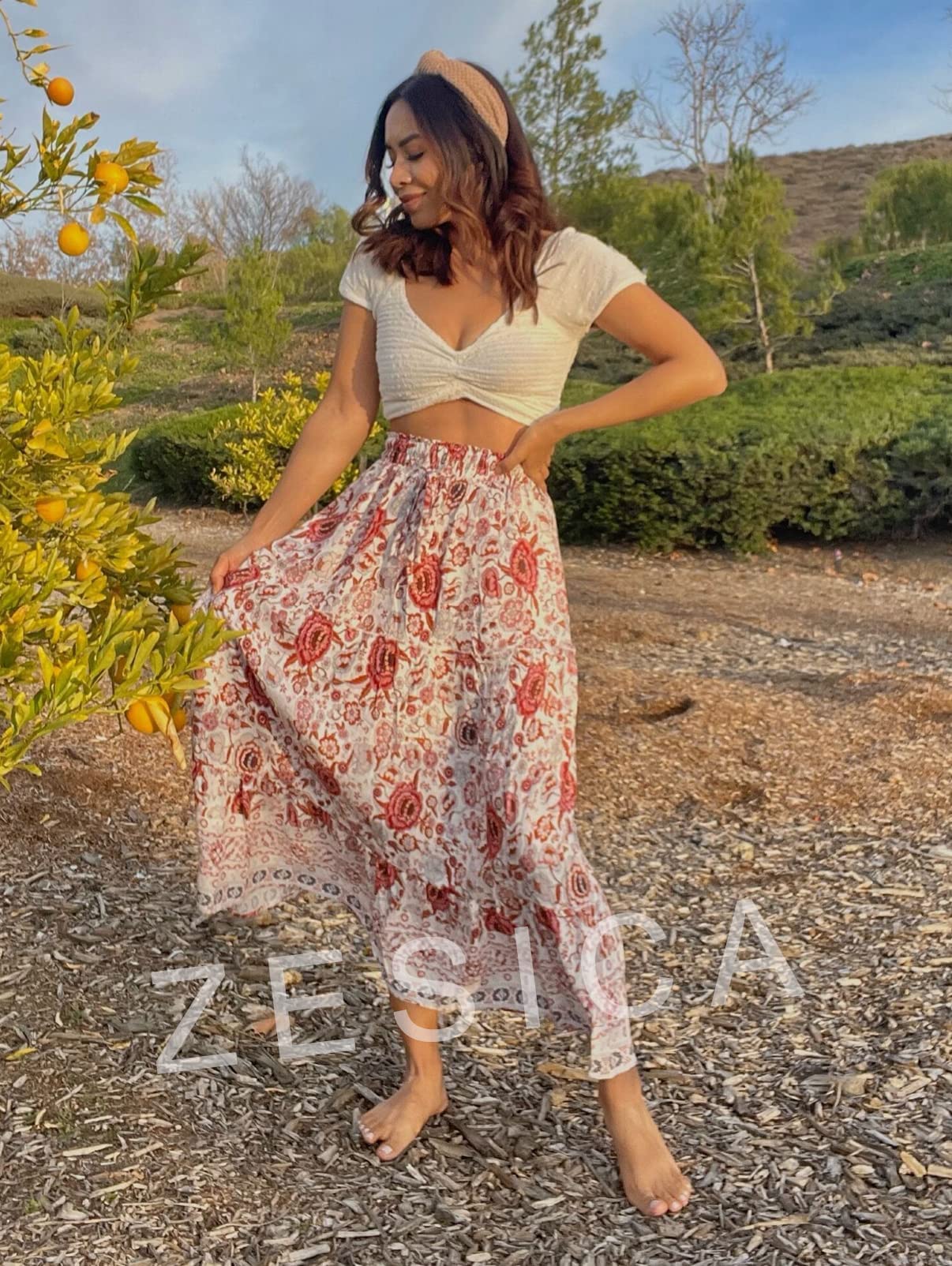 ZESICA Women's 2025 Summer Bohemian Floral Printed Elastic Waist A Line Maxi Skirt with Pockets,Floral White,Medium