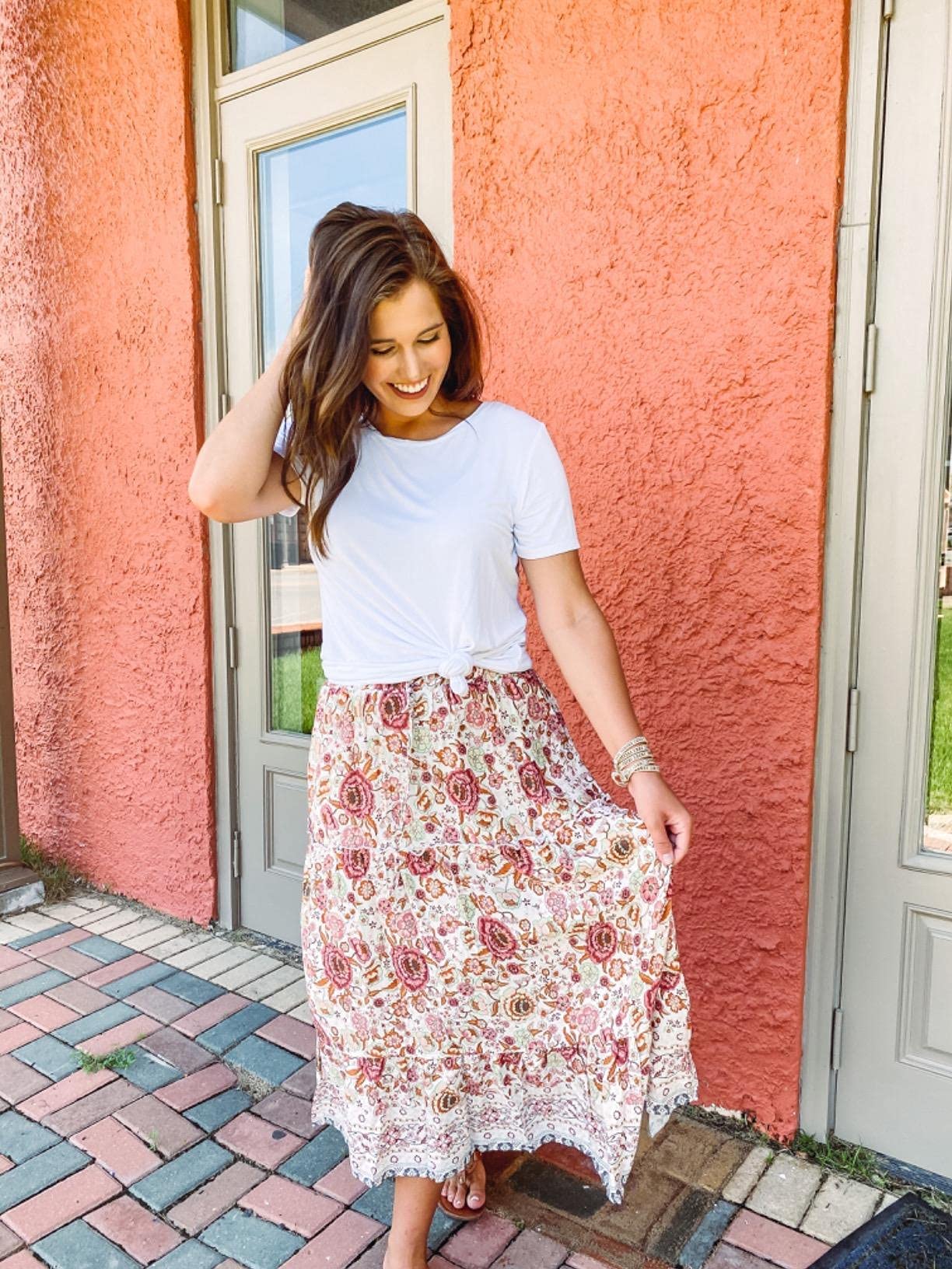 ZESICA Women's 2025 Summer Bohemian Floral Printed Elastic Waist A Line Maxi Skirt with Pockets,Floral White,Medium