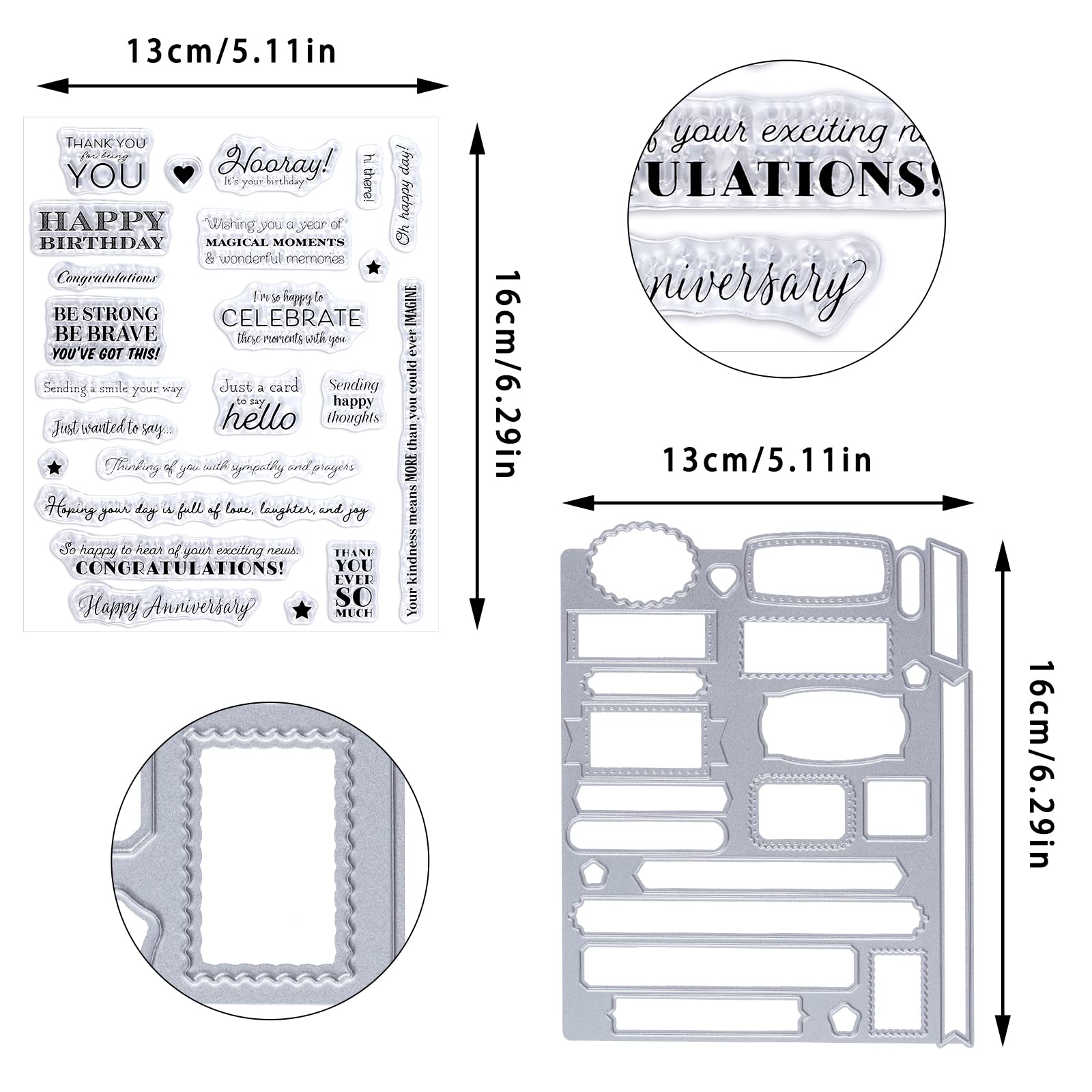Sucrain 2pcs Metal Dies Cut and Clear Silicone Stamp, for Card Making Paper Craft Scrapbooking Album DIY, Sentiment Words Stencils Carbon Steel Embossing Template